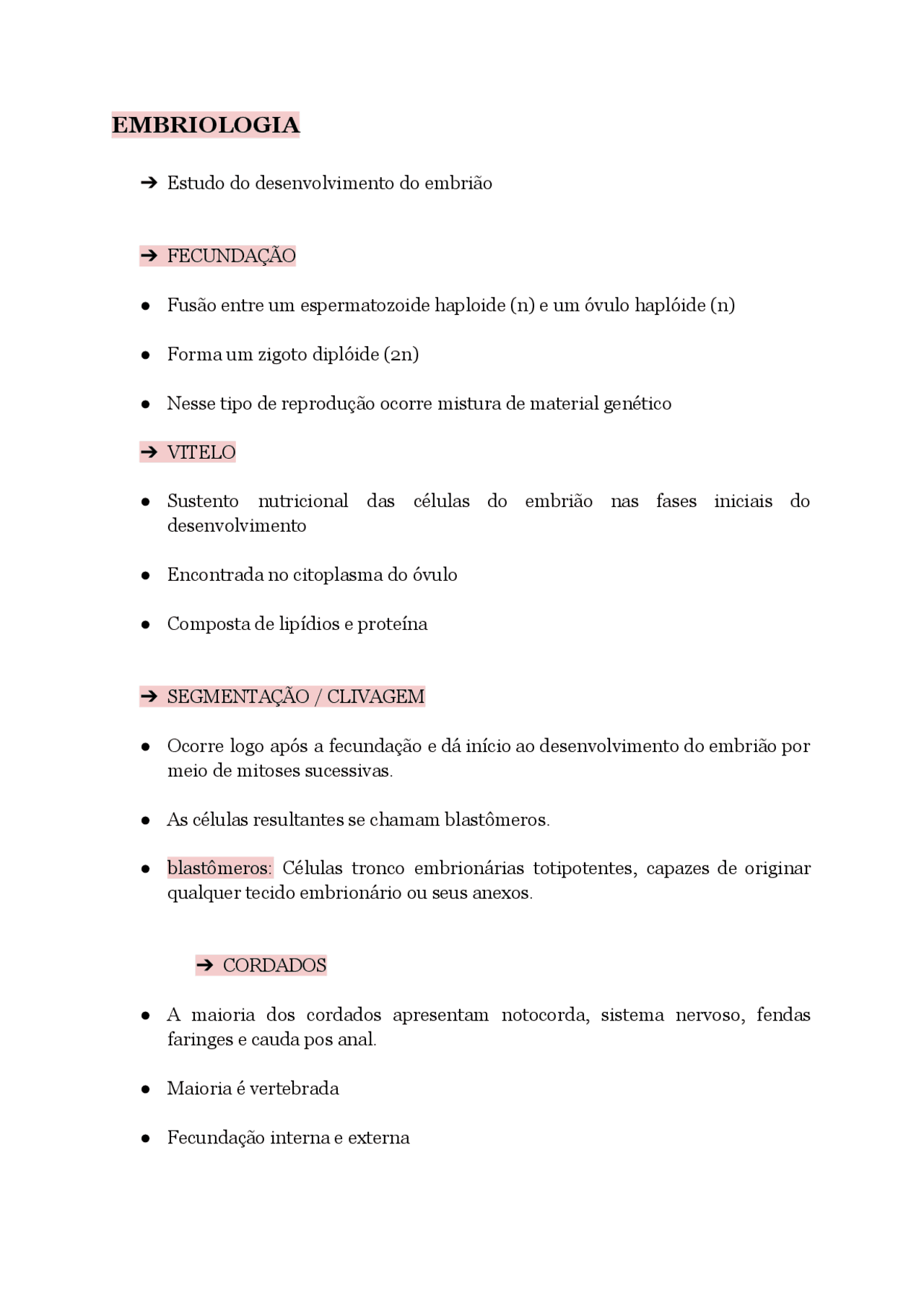 Embriologia Resumo Resumos Biologia Docsity