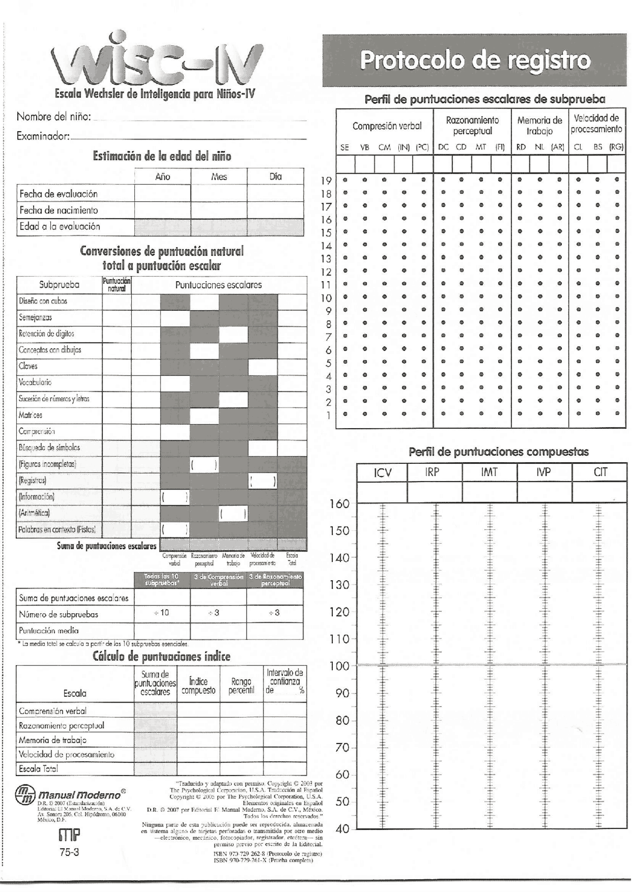 Protocolo wisc iv weschler | Exámenes de Psicología | Docsity