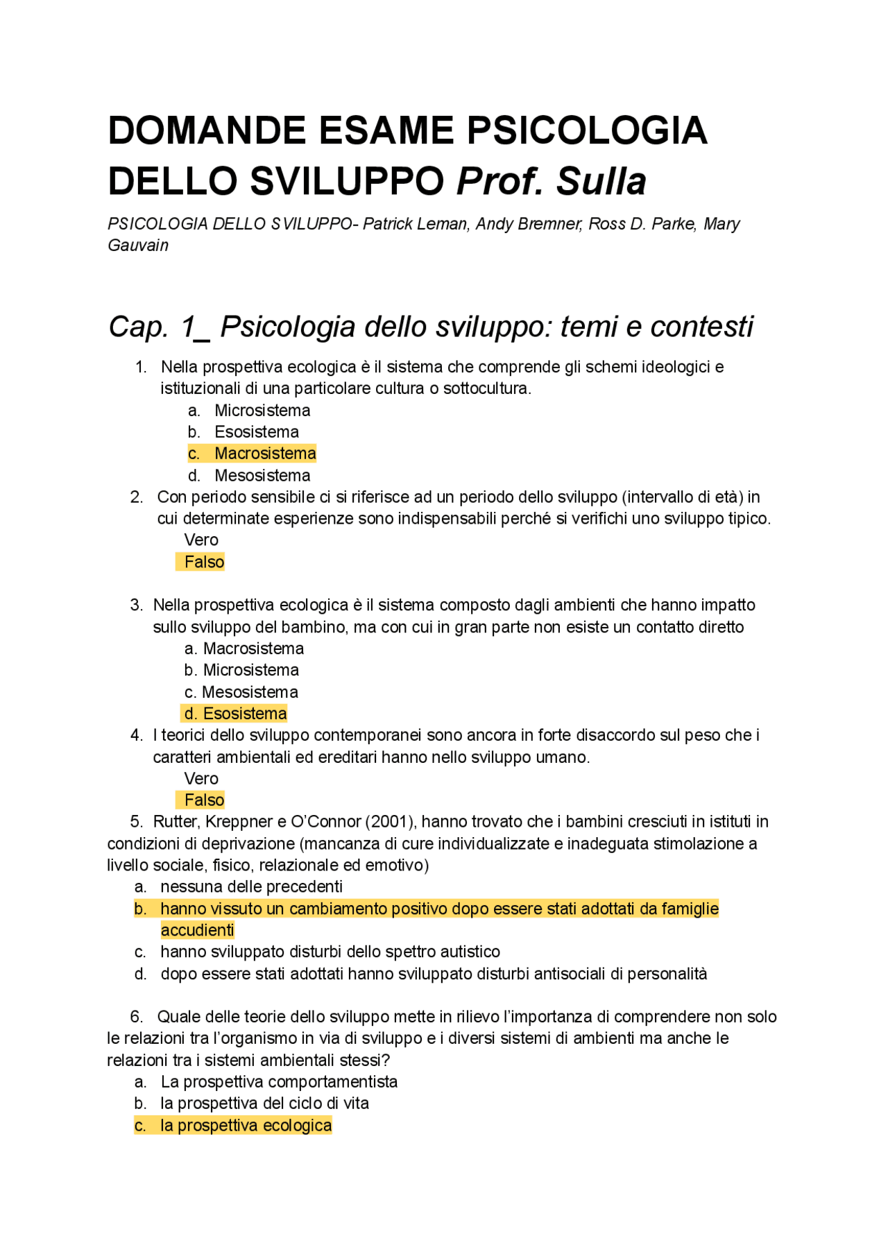 Prova d'esame PSICOLOGIA DELLO SVILUPPO | Prove d'esame di Psicologia ...