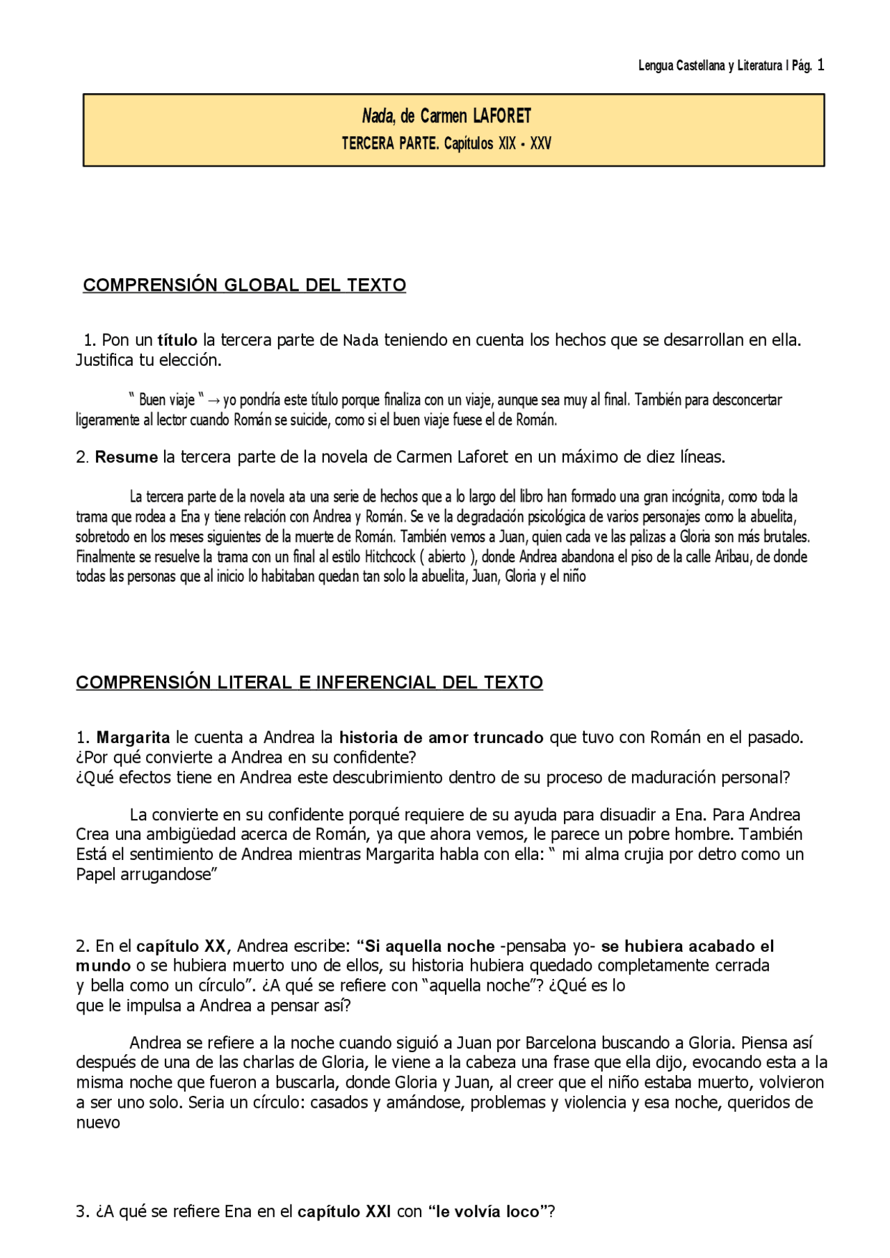 Nada tercera parte. Capitulos XIX - XXV | Ejercicios de Lengua y Literatura | Docsity