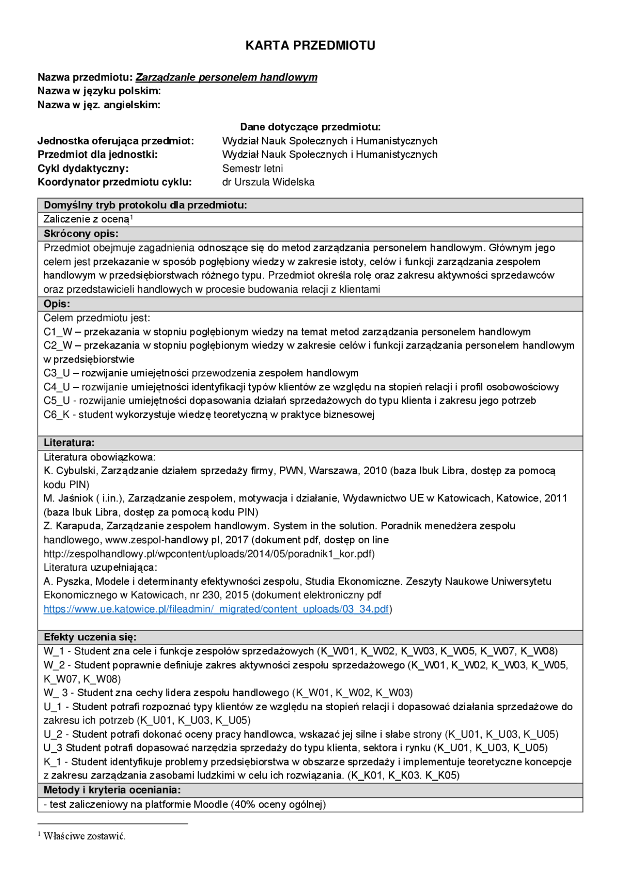 KARTA PRZEDMIOTU | Streszczenia Psychologia | Docsity