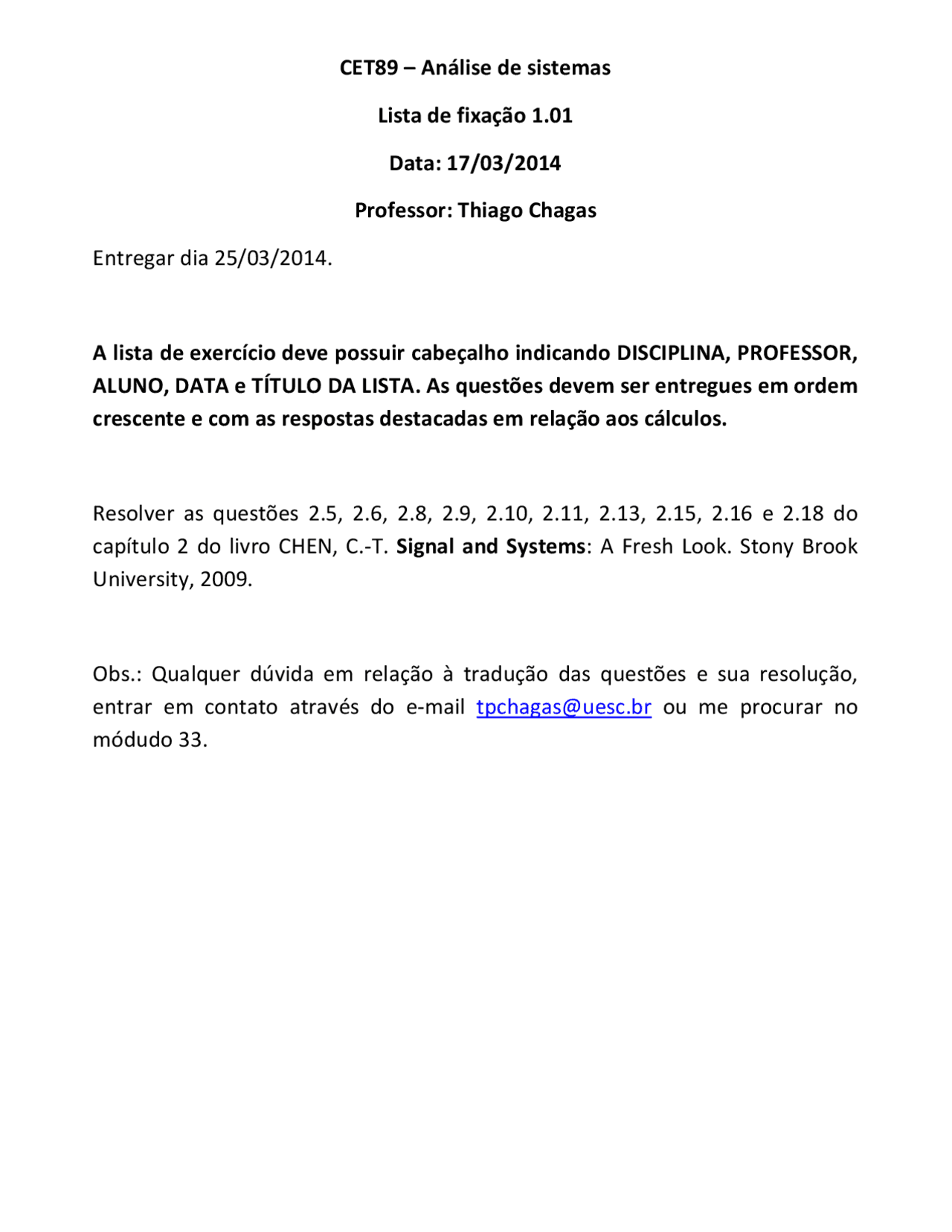 Lista de exercícios de fixação | Exercises Signals and Systems | Docsity