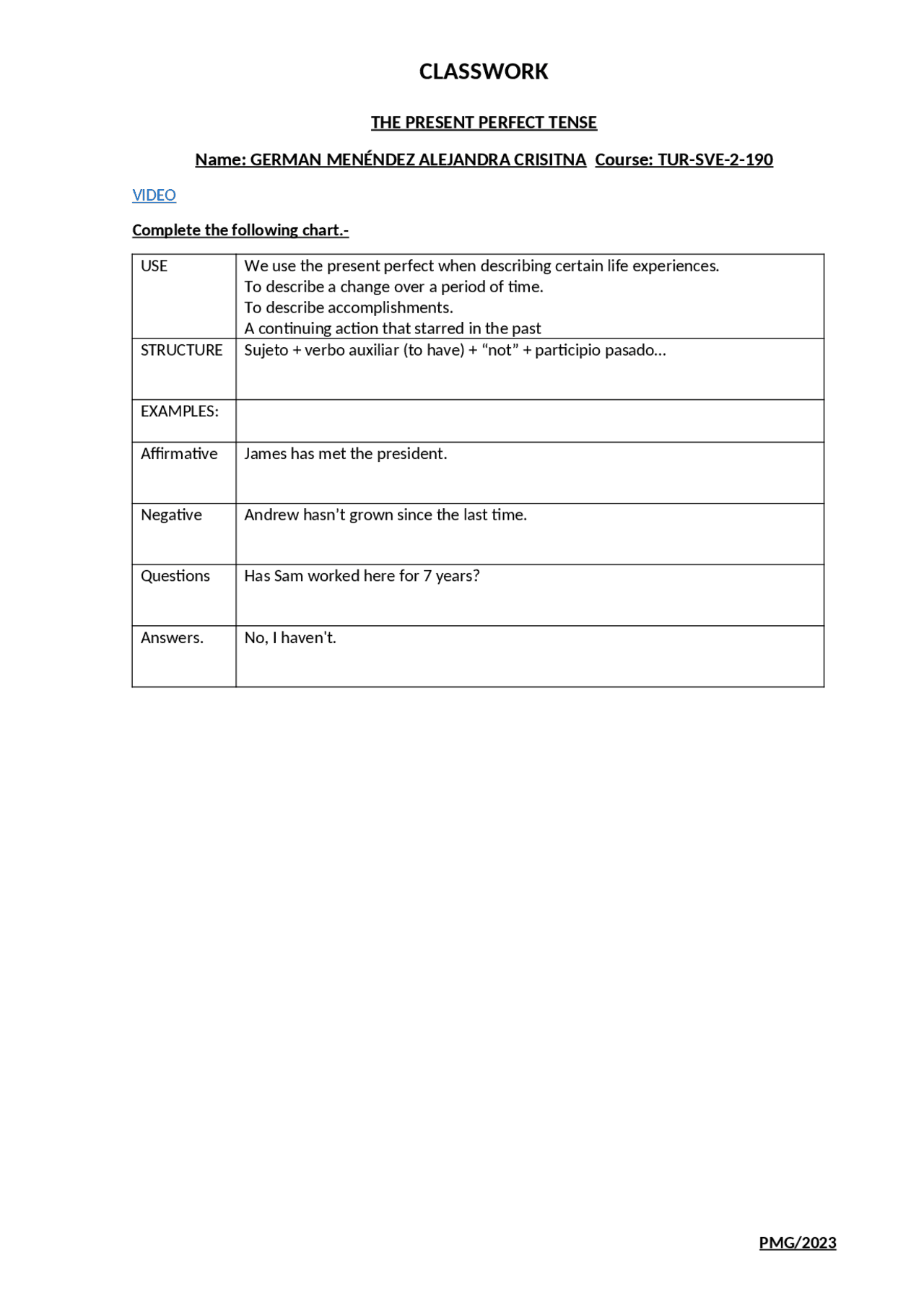 Presente perfecto en ingles | Ejercicios de Inglés | Docsity