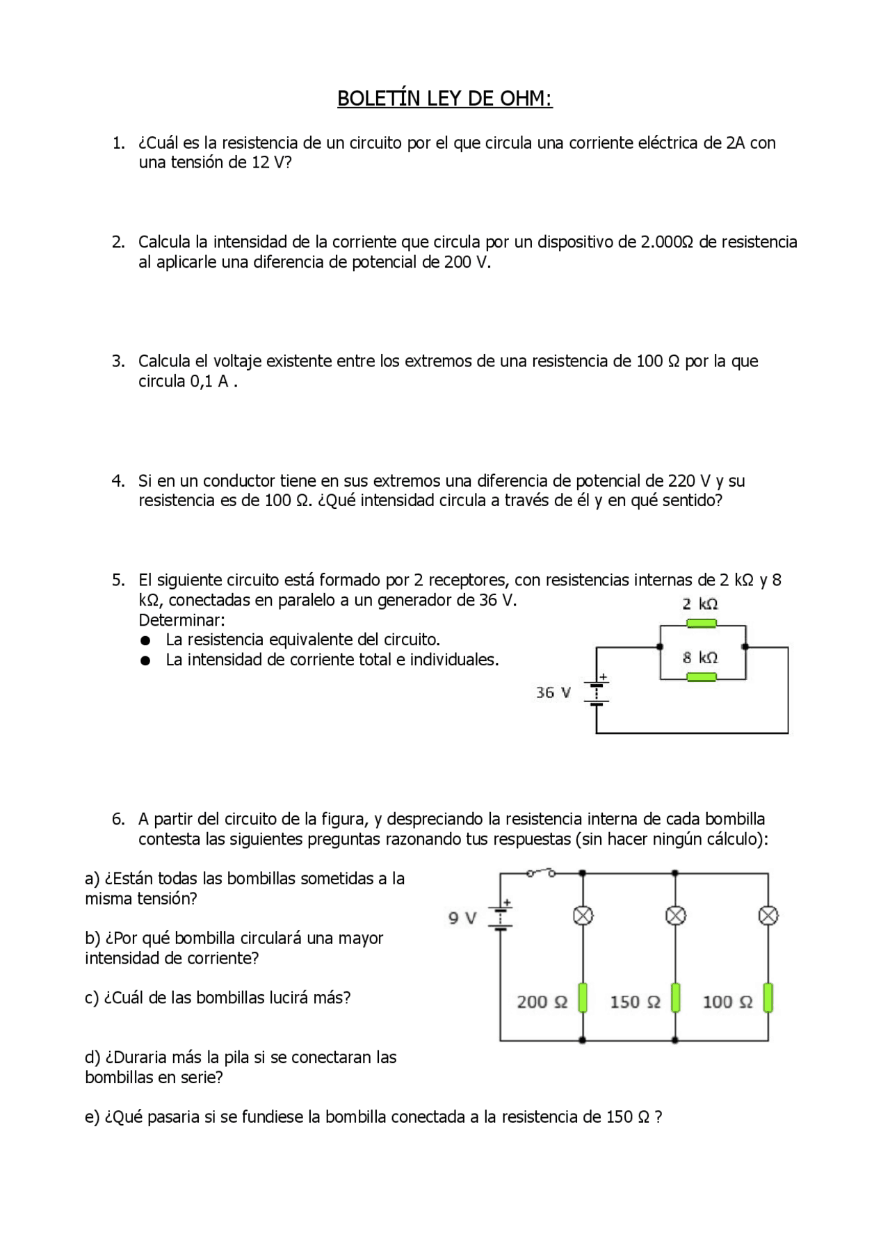 Ejercicios ley de Ohm Unidad electricidad de 2º eso | Ejercicios de ...