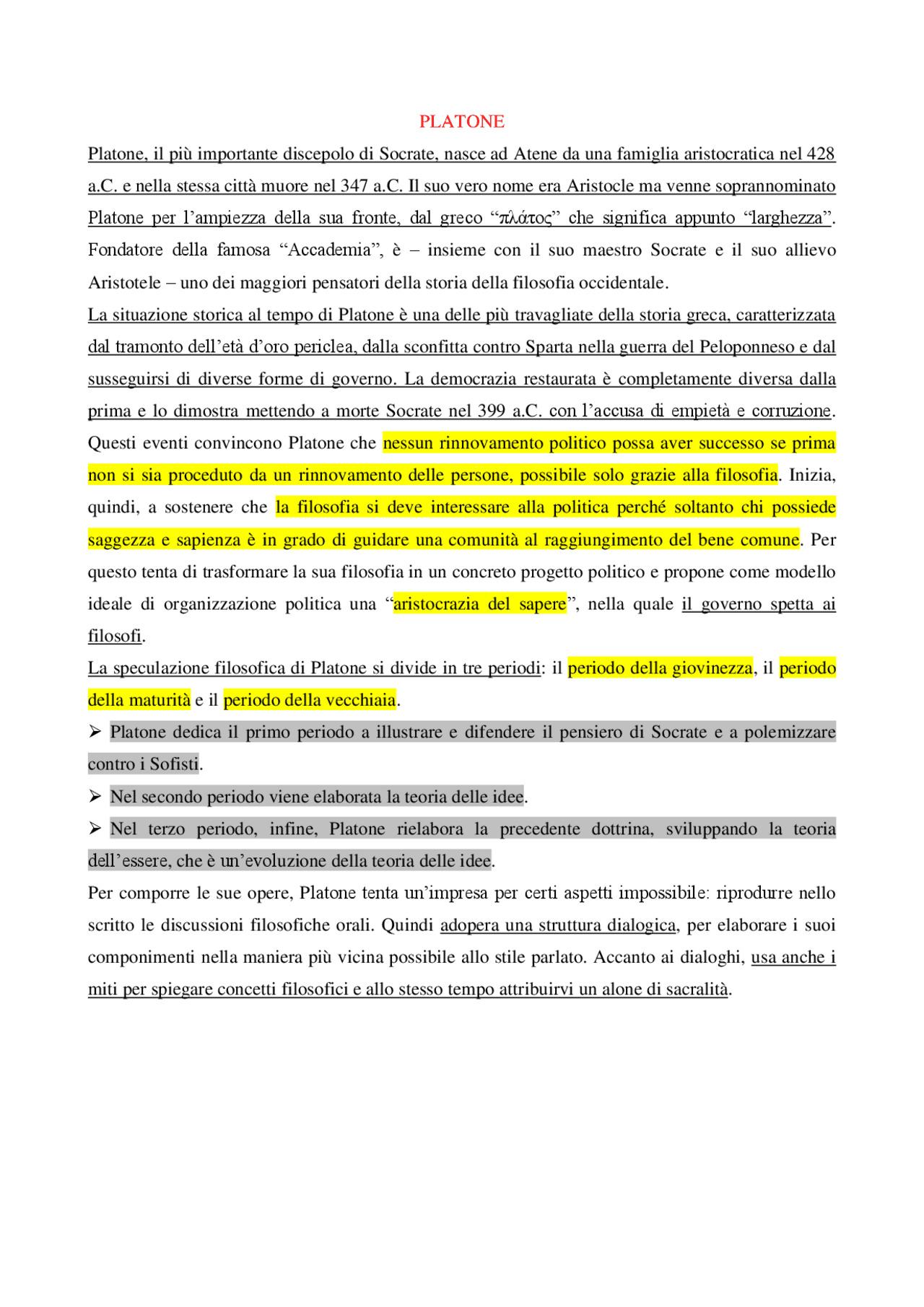 Platone e il suo pensiero | Appunti di Filosofia | Docsity