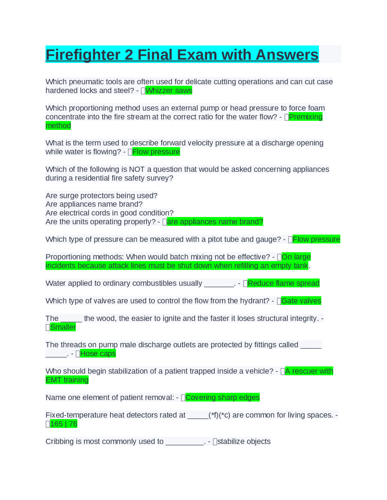 Firefighter 2 Final Exam with Answers | Exams Safety and Fire ...