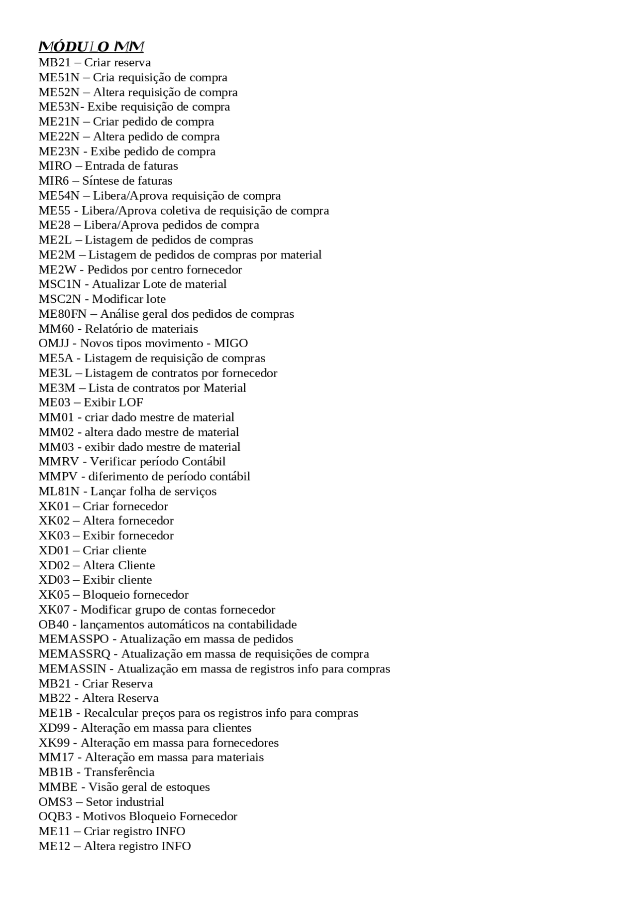 Módulo Mm Transações Sap Para Gestão De Compras E Materiais Resumos Matemática Docsity