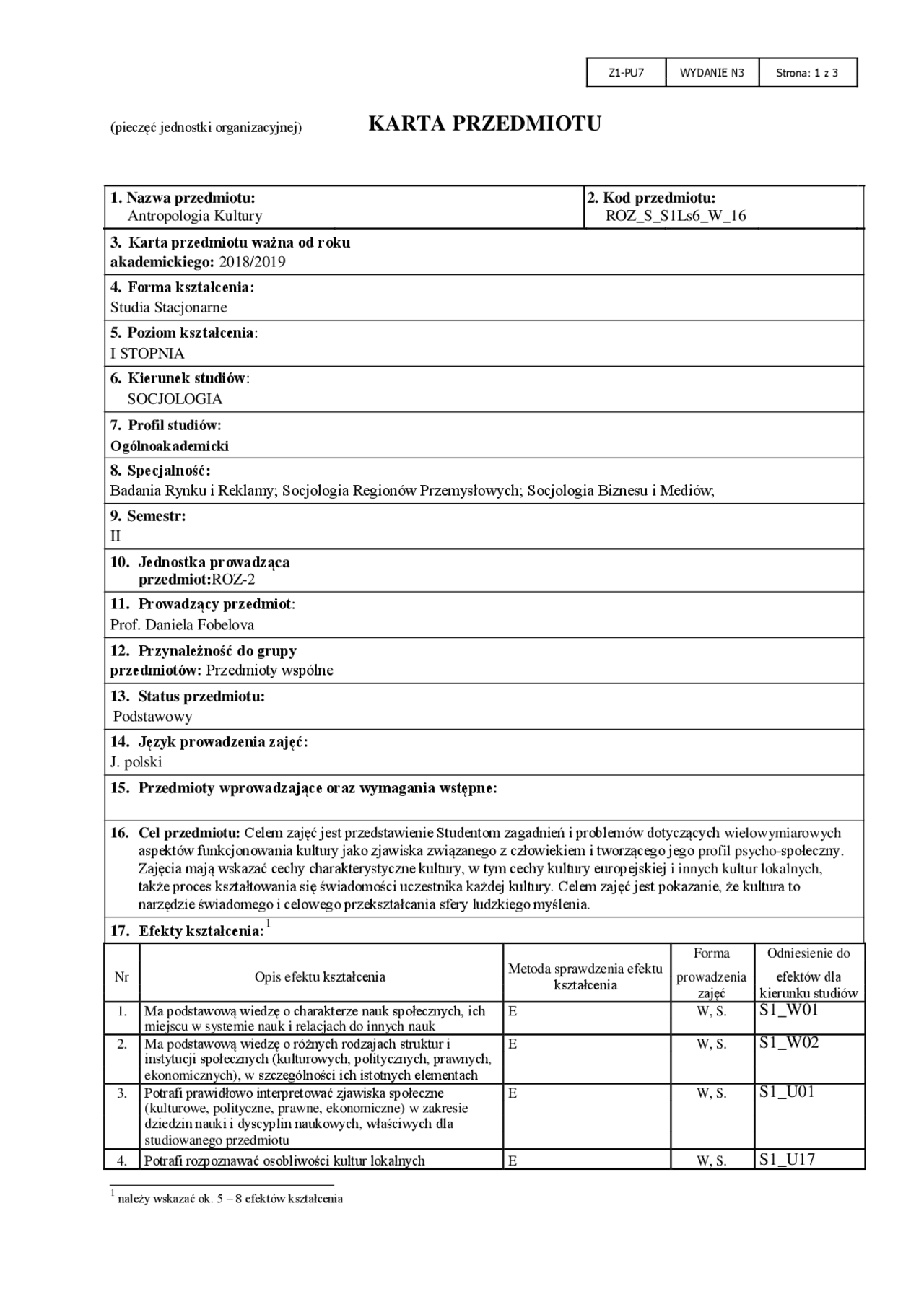 KARTA PRZEDMIOTU | Egzaminy Socjologia | Docsity