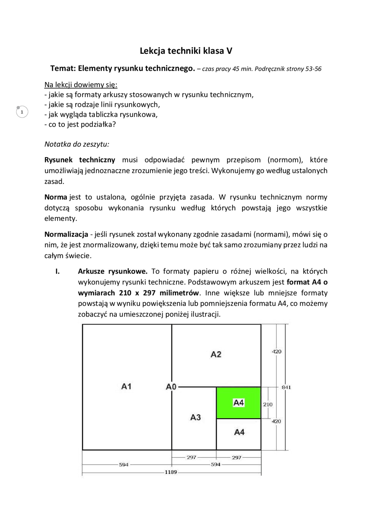 Lekcja techniki klasa V | Publikacje Rysunek techniczny | Docsity
