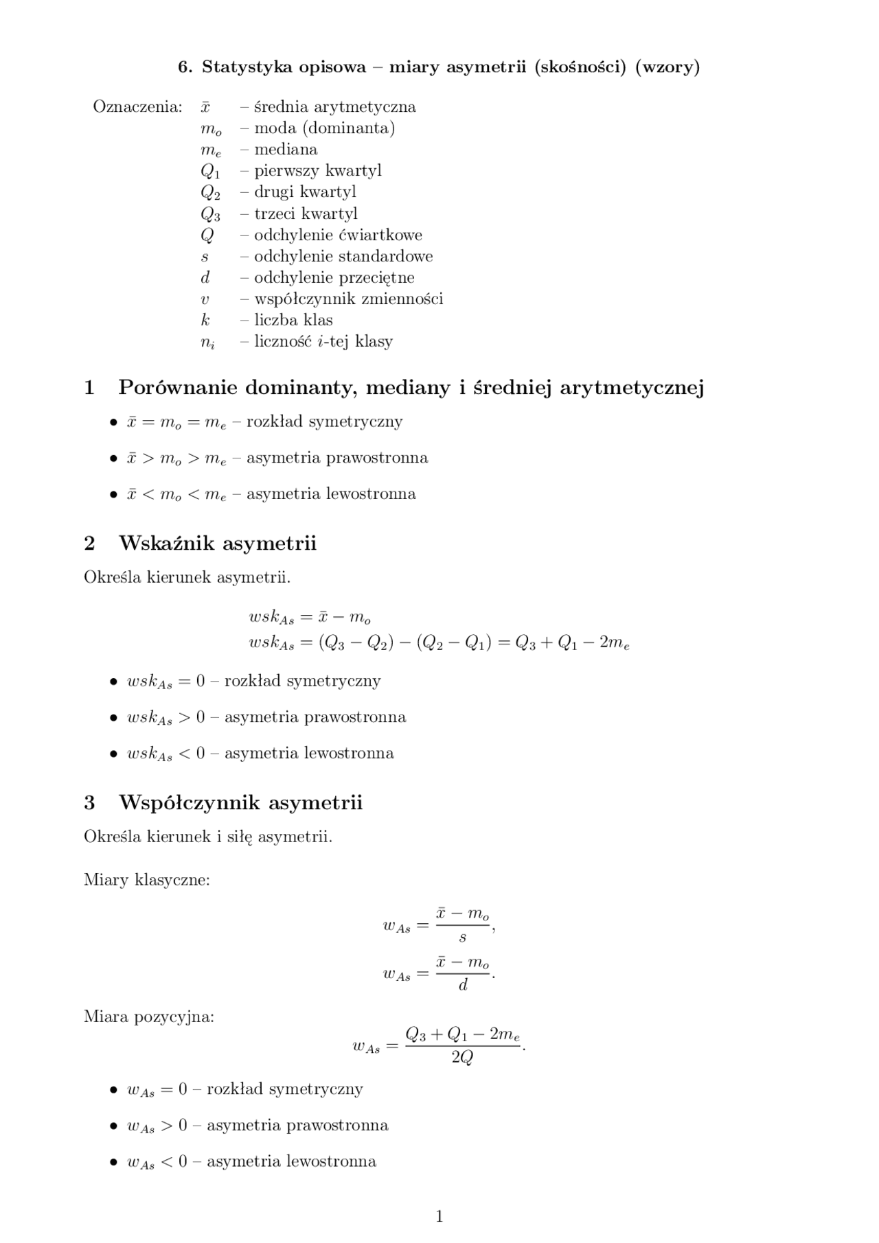 6. Statystyka opisowa – miary asymetrii (skośności) (wzory) | Ćwiczenia ...