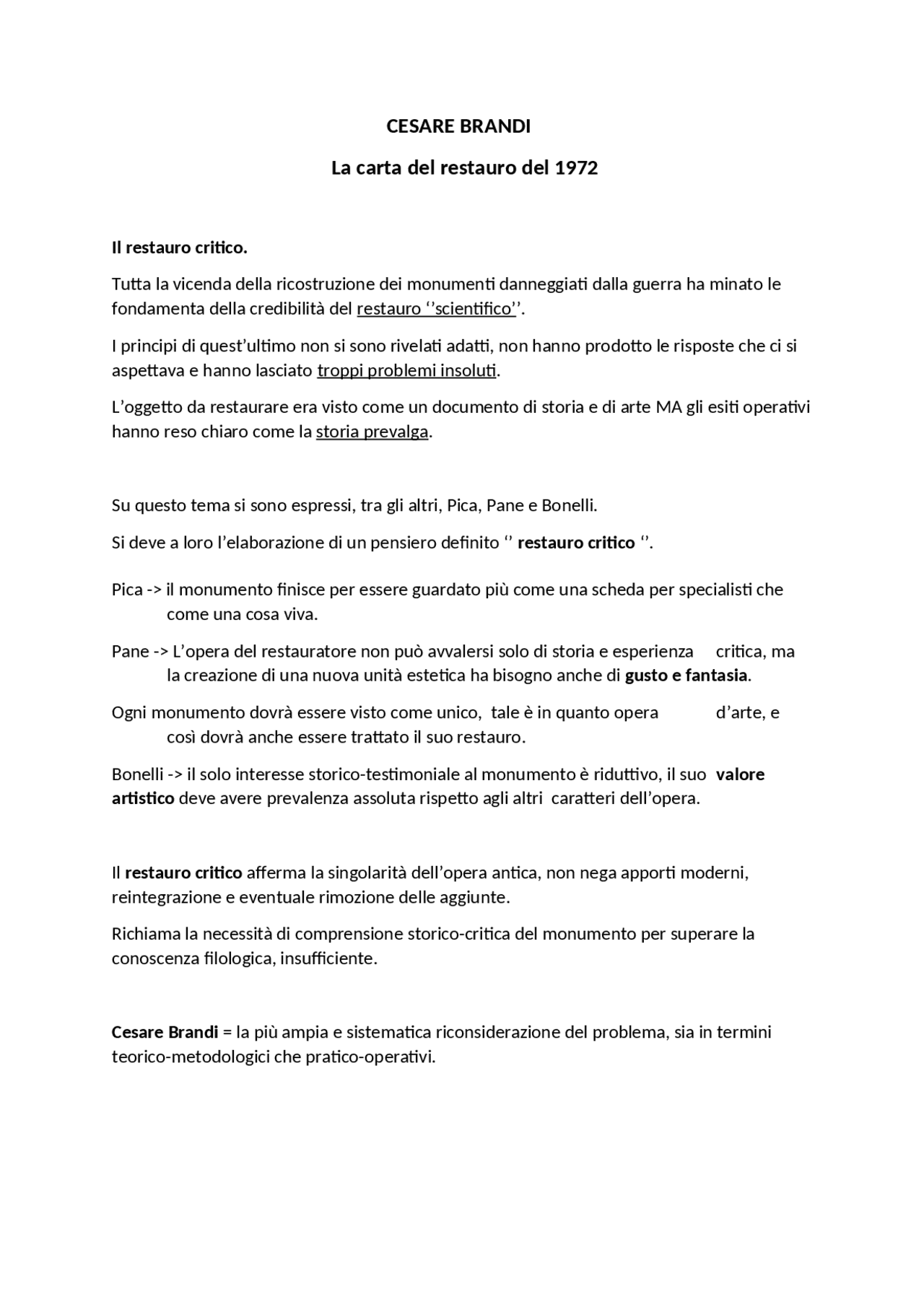Cesare_brandi_restauro_critico | Sbobinature di Restauro | Docsity
