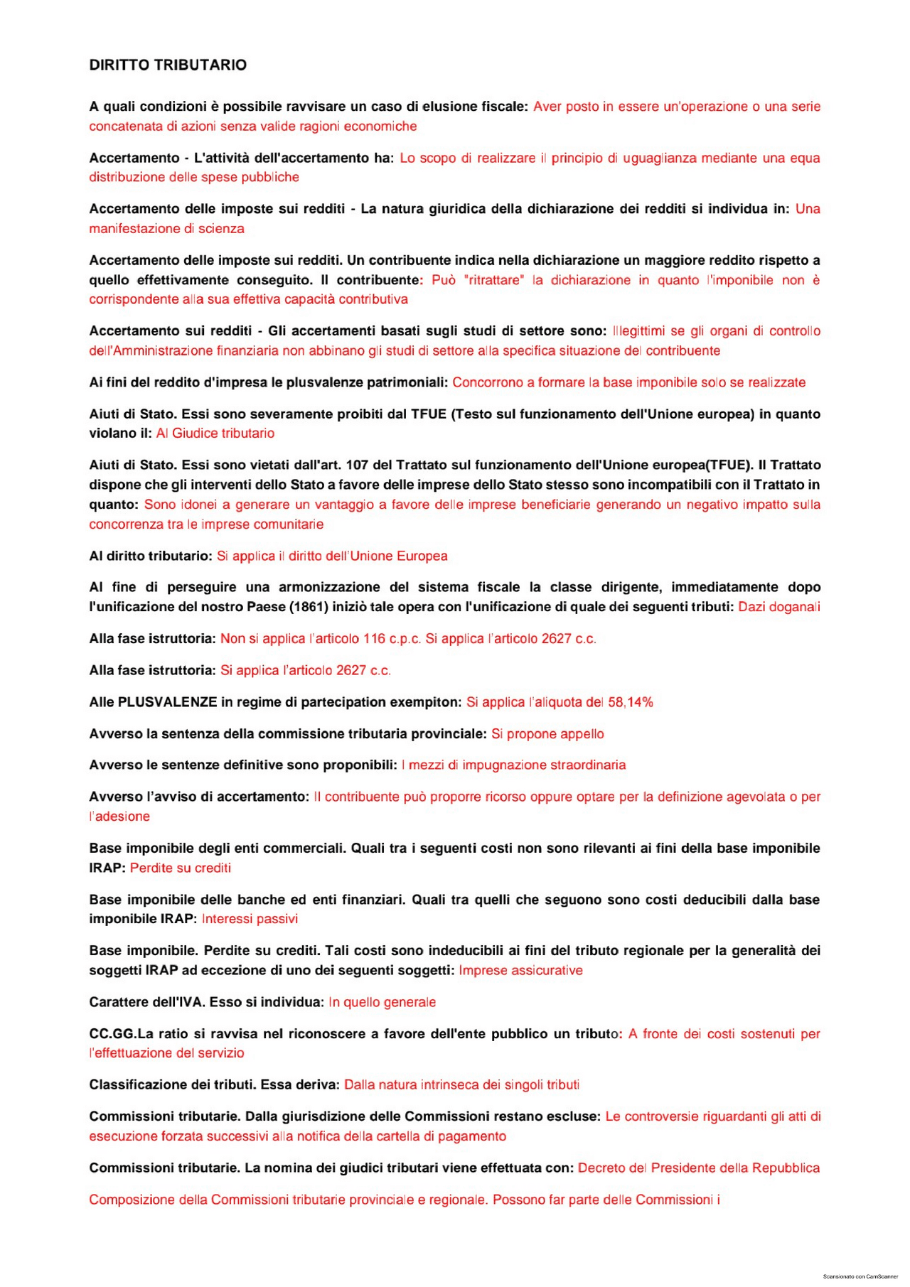 Esame di diritto tributario | Panieri di Diritto Tributario | Docsity