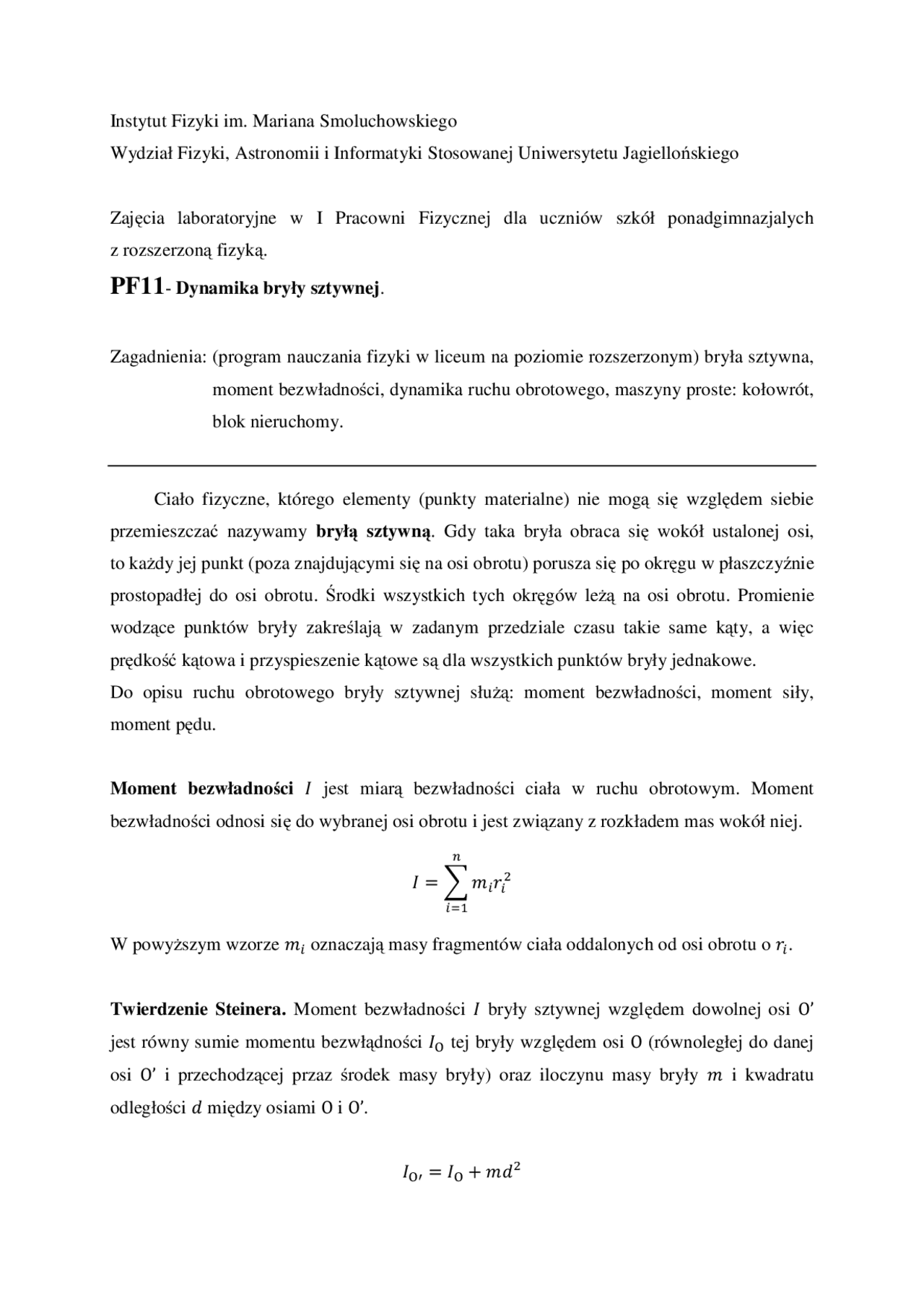 PF11- Dynamika bryły sztywnej. | Notatki Fizyka | Docsity