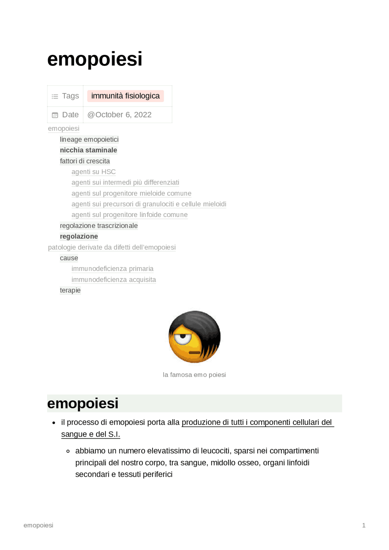 Appunti sull'emopoiesi - Immunologia | Appunti di Immunologia | Docsity