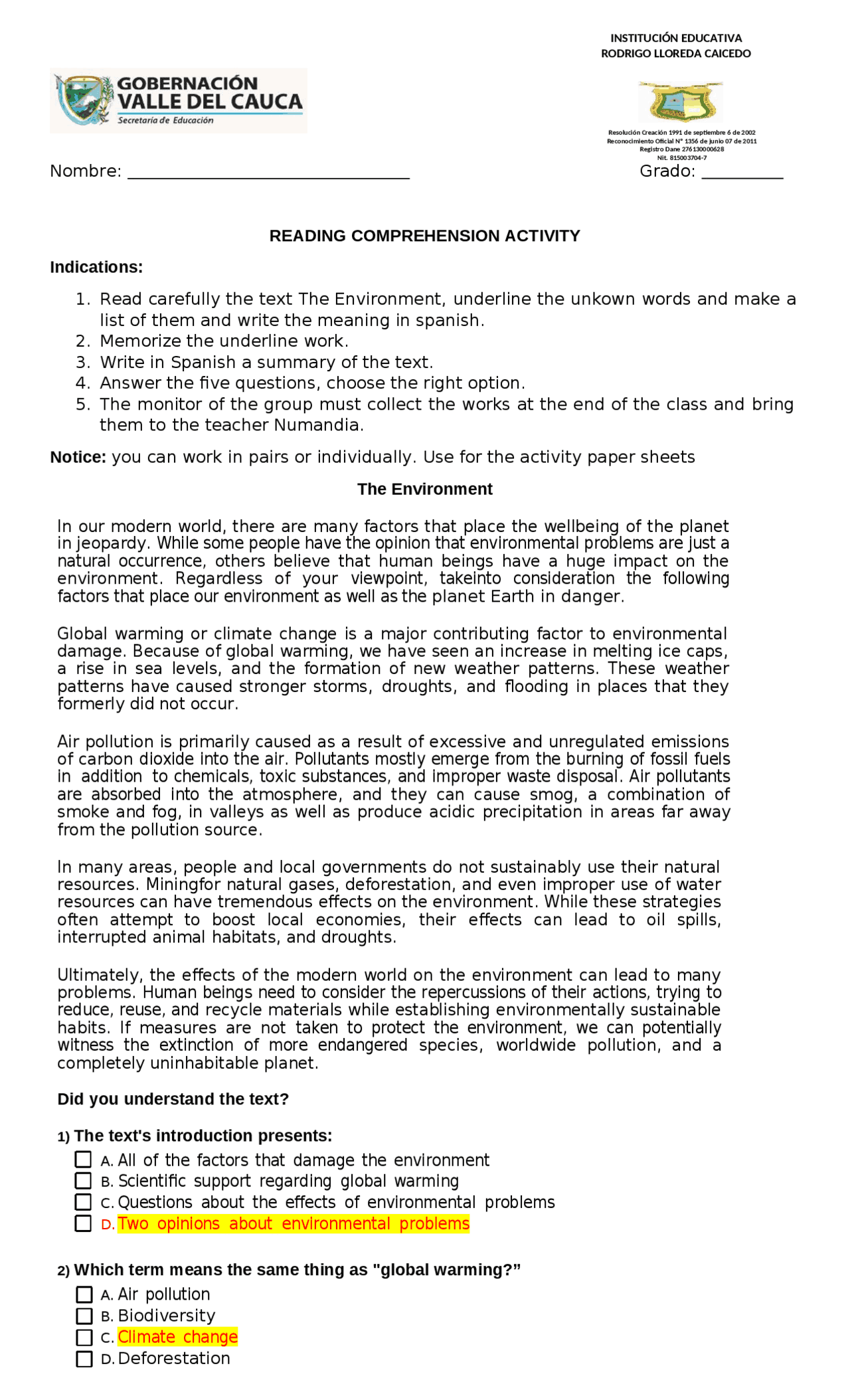 Reading Comprehension Activity Ejercicios De Inglés Técnico Docsity