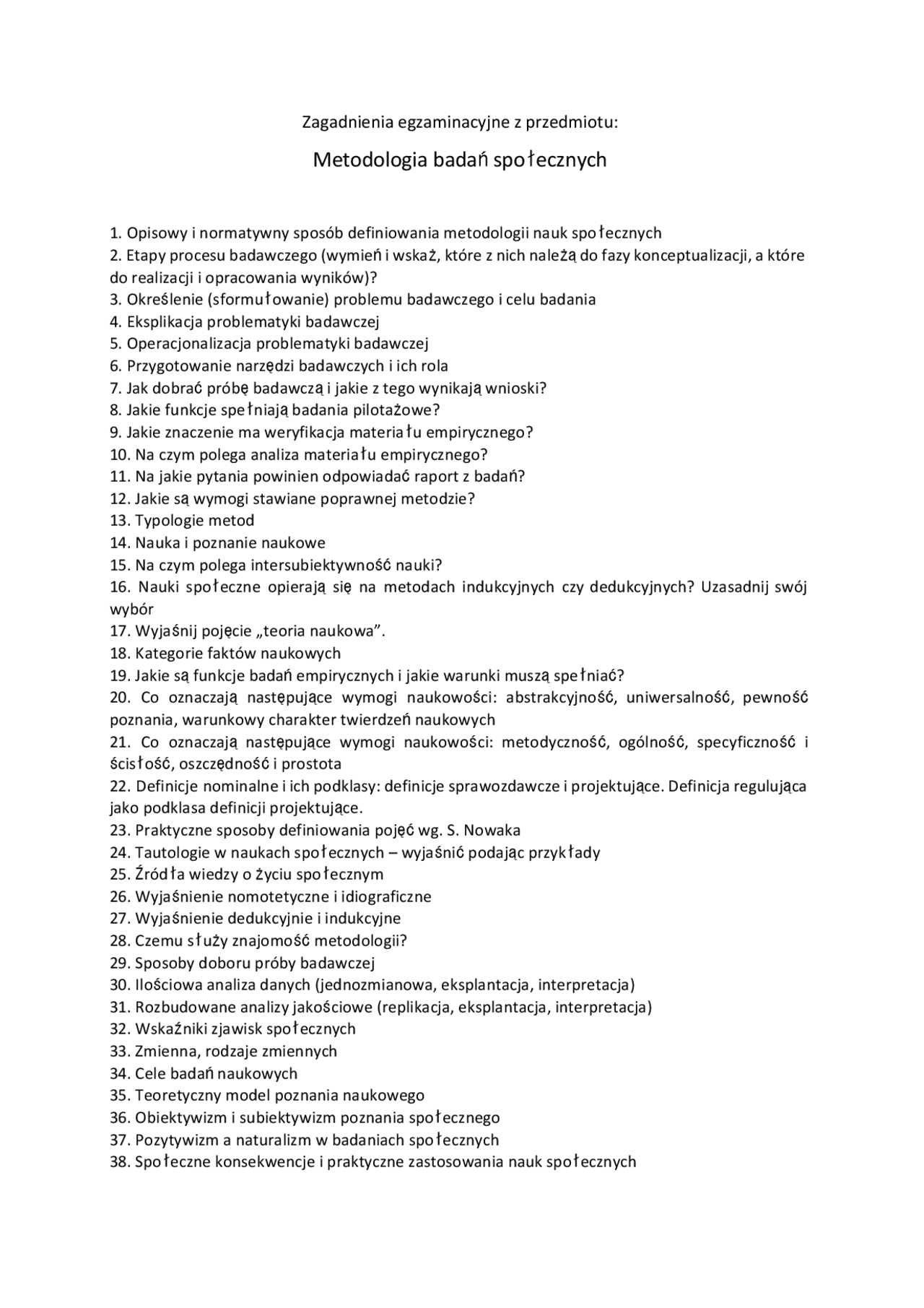 Metodologia Badań Społecznych Egzaminy Metodologia Badań Docsity