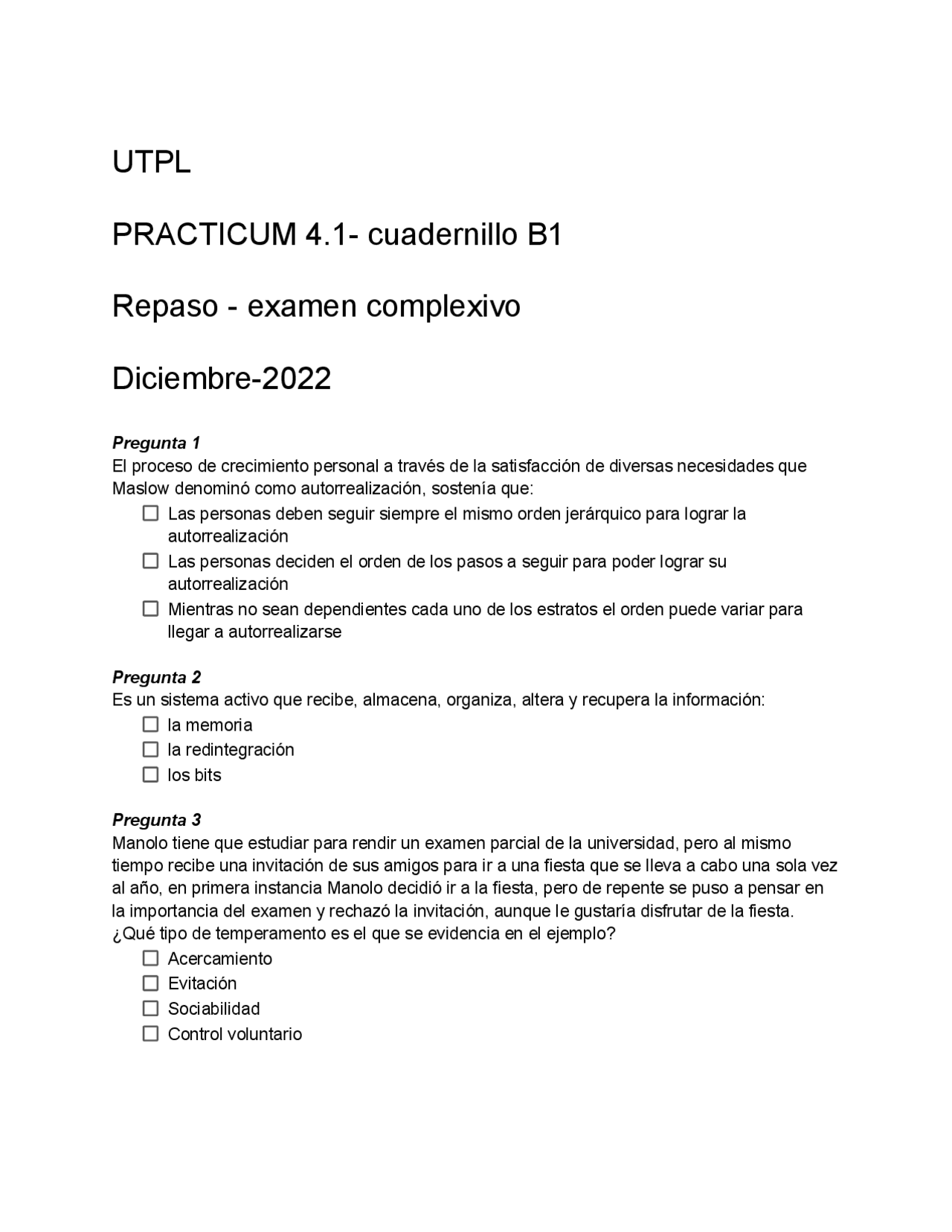 Bimestre 1 Practicum 41 Ejercicios De Psicología Docsity
