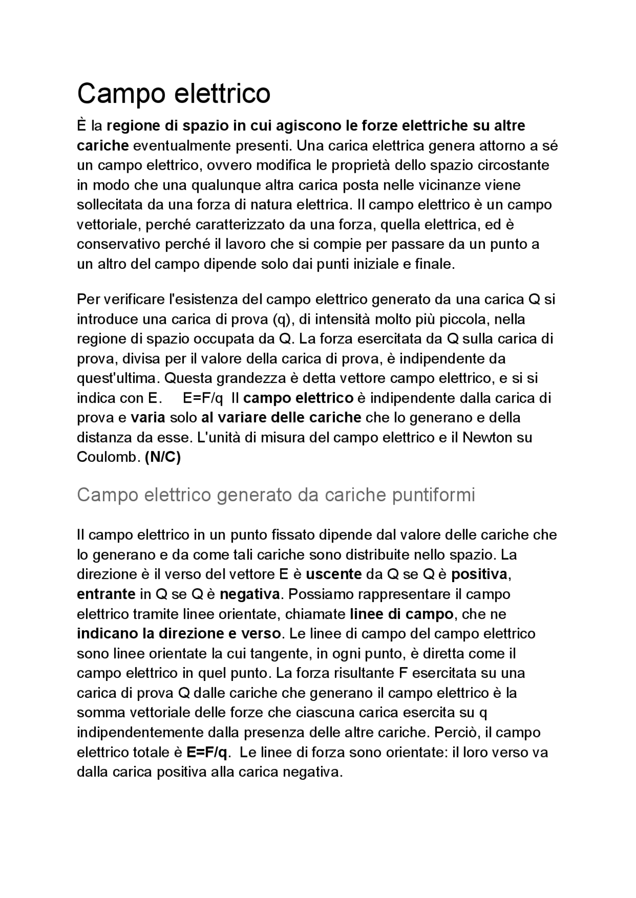 Appunti Campo Elettrico | Appunti di Fisica | Docsity