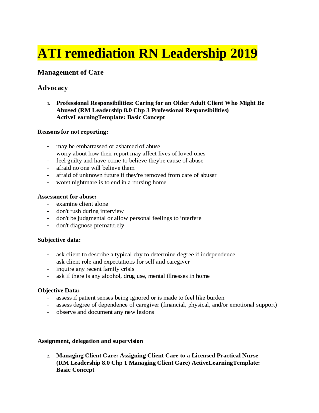 ATI remediation RN Leadership 2019 | Exams Nursing | Docsity