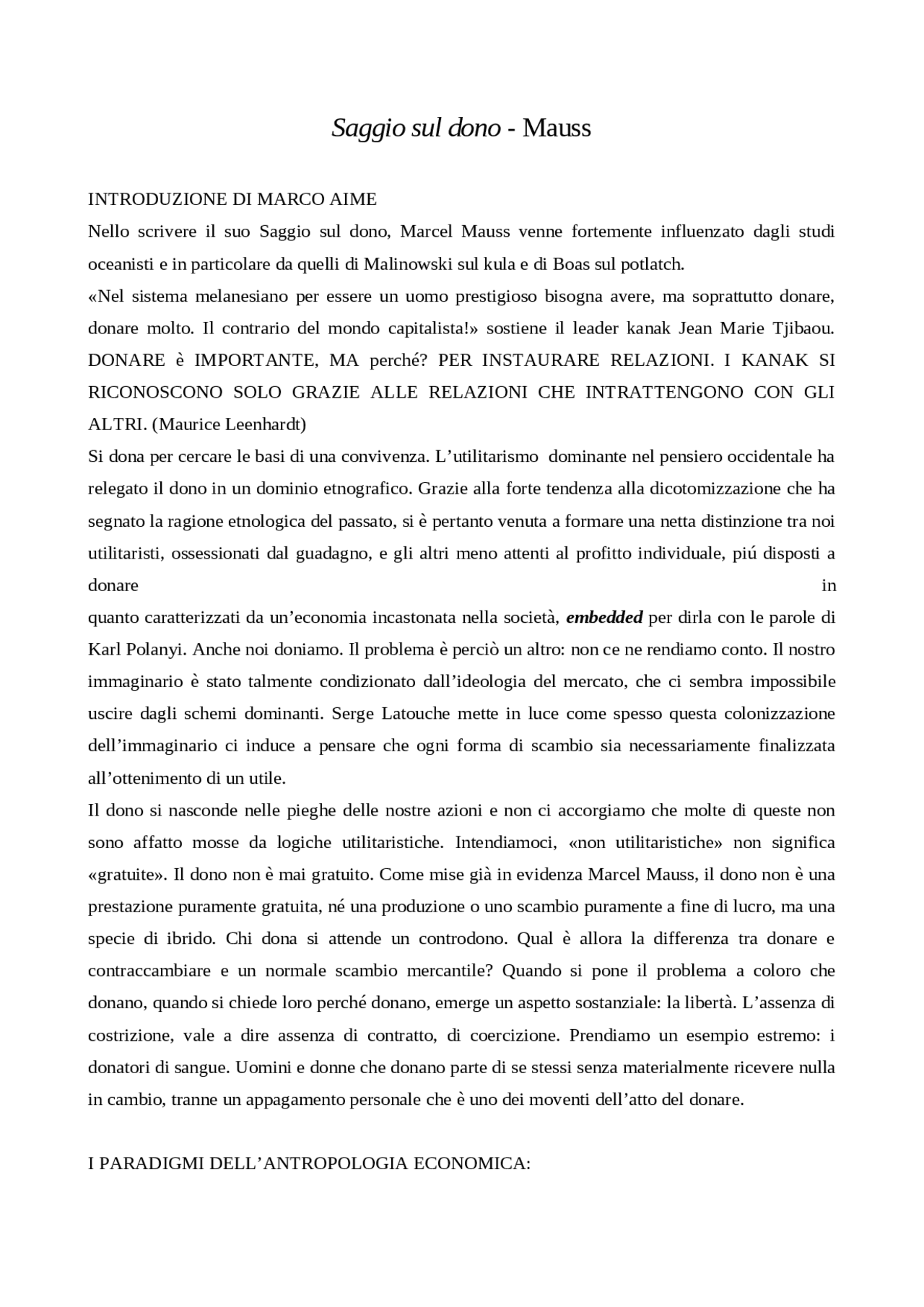 Riassunto del Saggio sul dono di Mauss | Dispense di Antropologia | Docsity