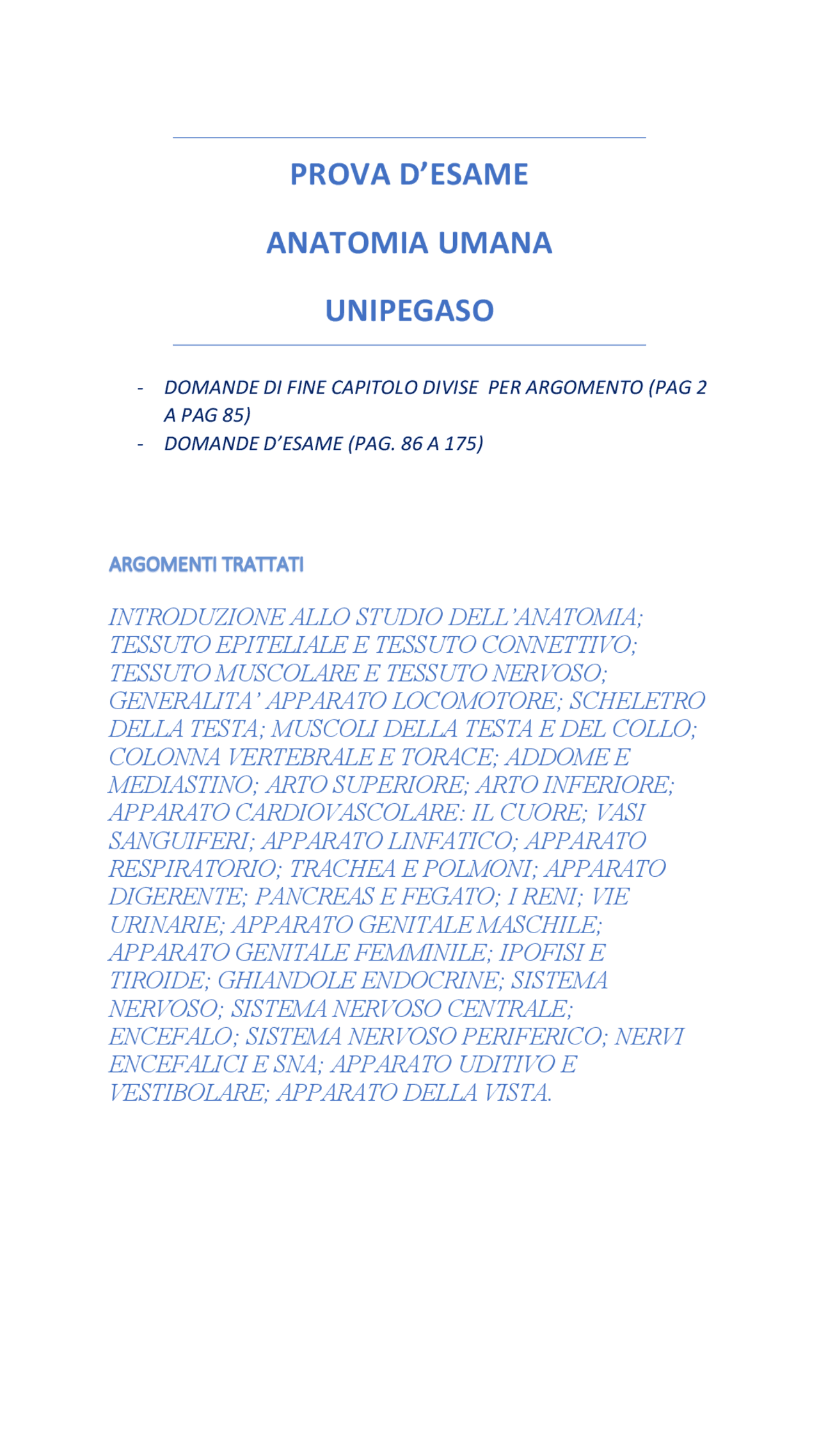 Anatomia Umana Unipegaso Prove Desame Di Anatomia Docsity