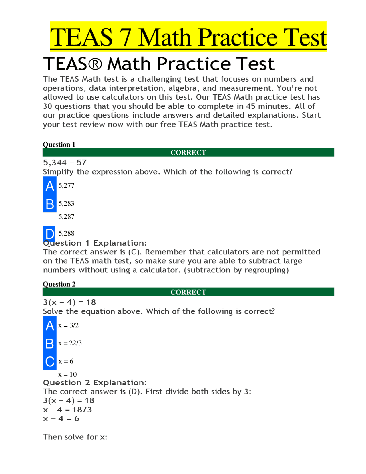 TEAS 7 Math Practice Test DOWNLOAD TO SCORE A+ | Exams Nursing | Docsity