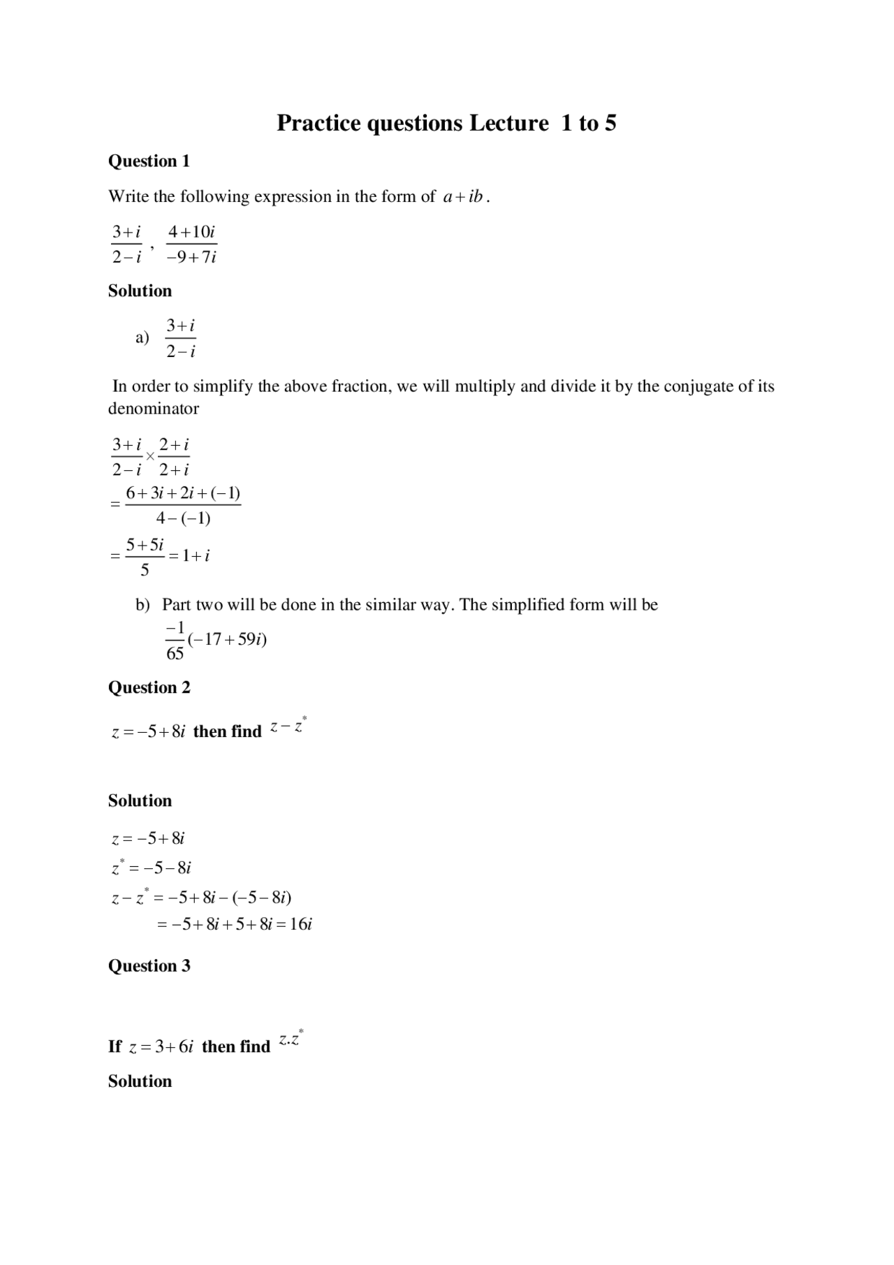 Practice Questions for Complex Numbers, Sets, Functions, and Quadratic Equations | Exercises ...