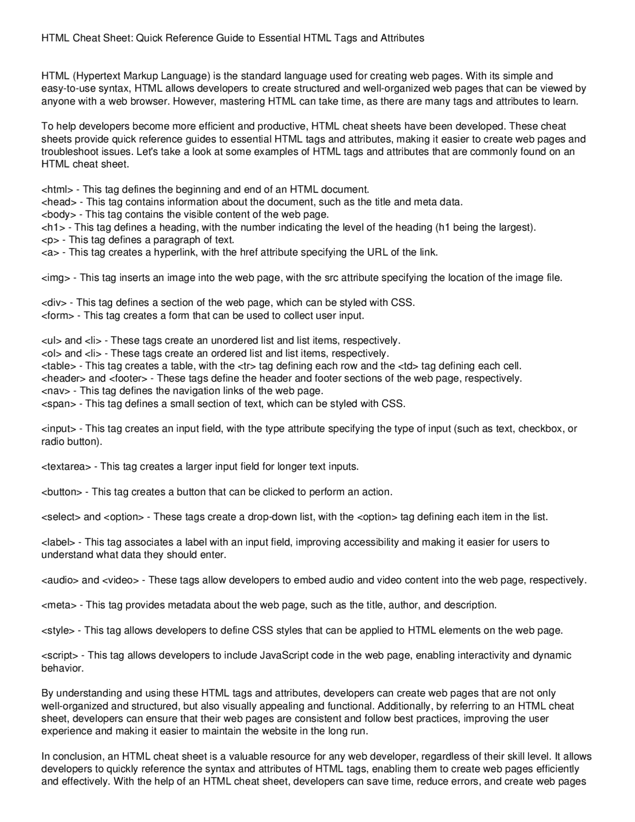 Htmlcheatsheetquickreferenceguidetoessential Exercises