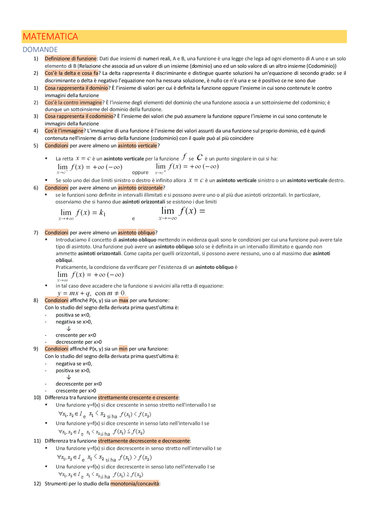 Matematica Quinto Anno Maturità Sintesi Del Corso Di Matematica Docsity