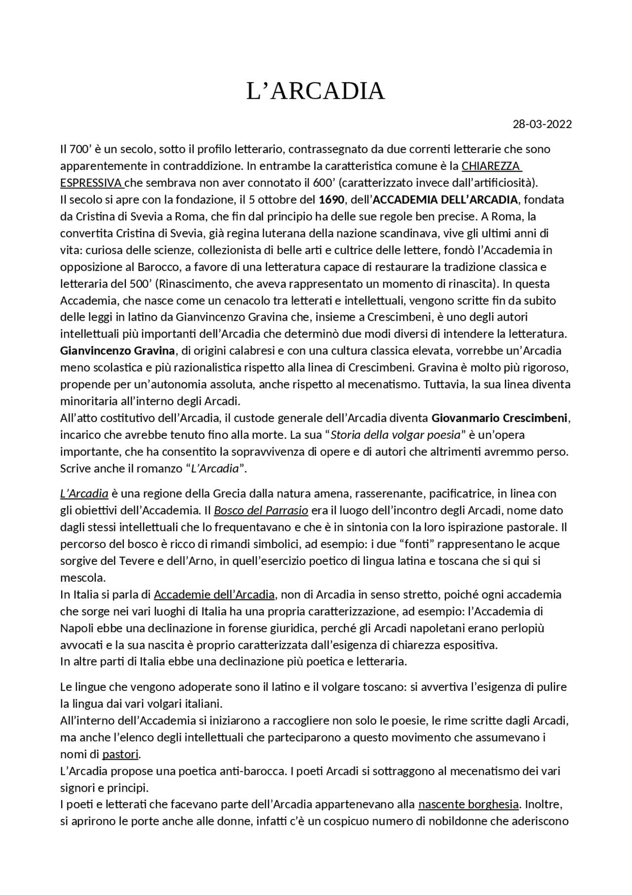 Arcadia e Francesco Gritti. | Appunti di Italiano | Docsity