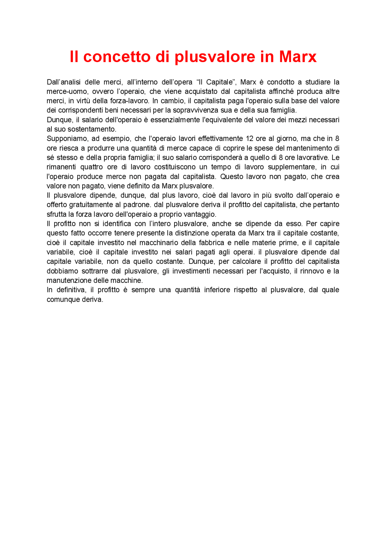 Il concetto di Plusvalore in Marx e la differenza con il Profitto del capitalista | Appunti di ...