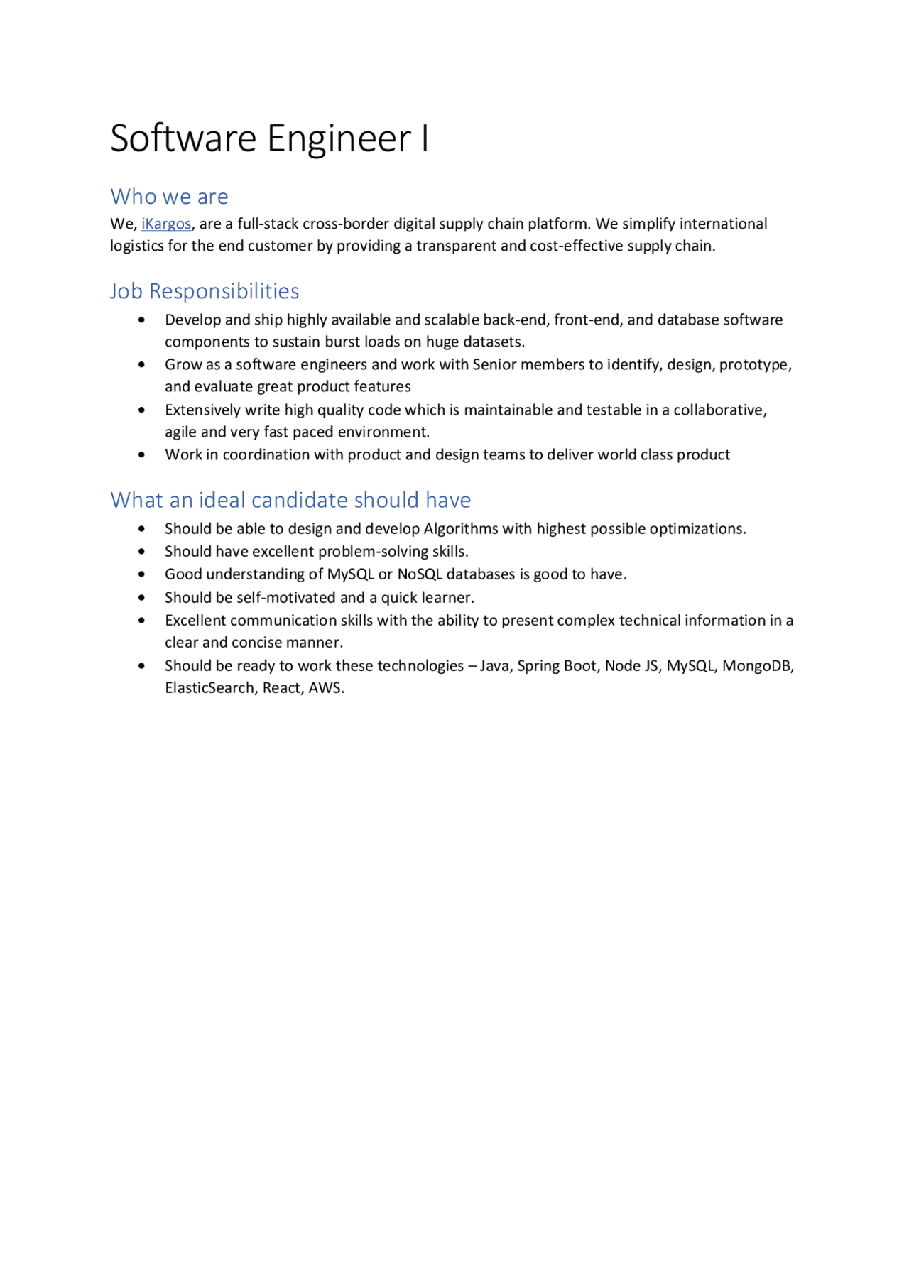 Software Engineer I at iKargos | Essays (high school) Computer science | Docsity