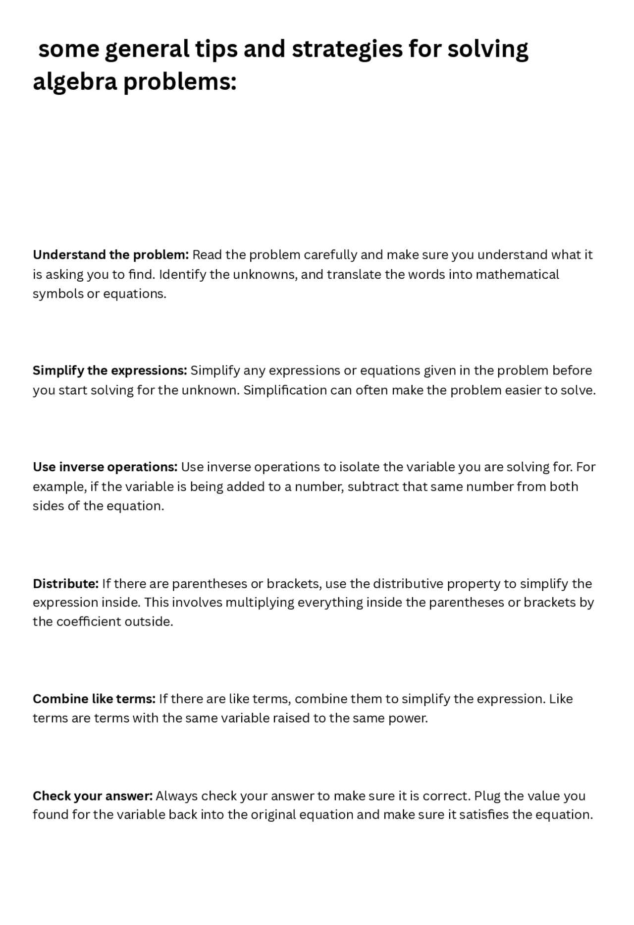 Tips for Solving Algebra Problems | Study notes Mathematics | Docsity