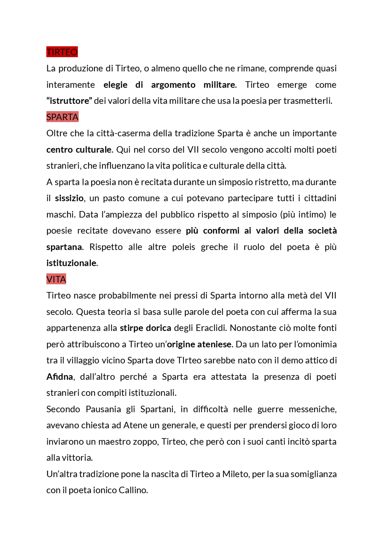 Tirteo E Mimnermo Riassunto Confronto Appunti Di Greco Docsity