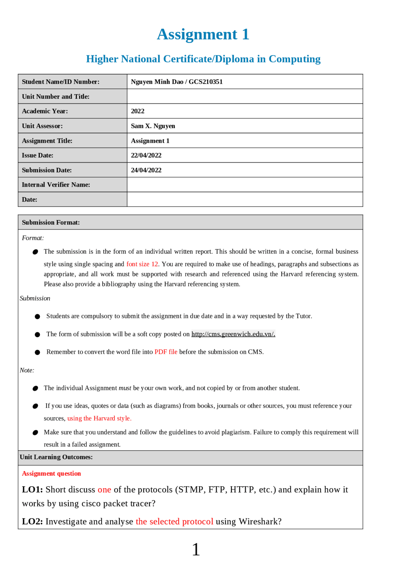 Greenwich_1619_asm1_networking | Study Guides, Projects, Research Programming Languages | Docsity