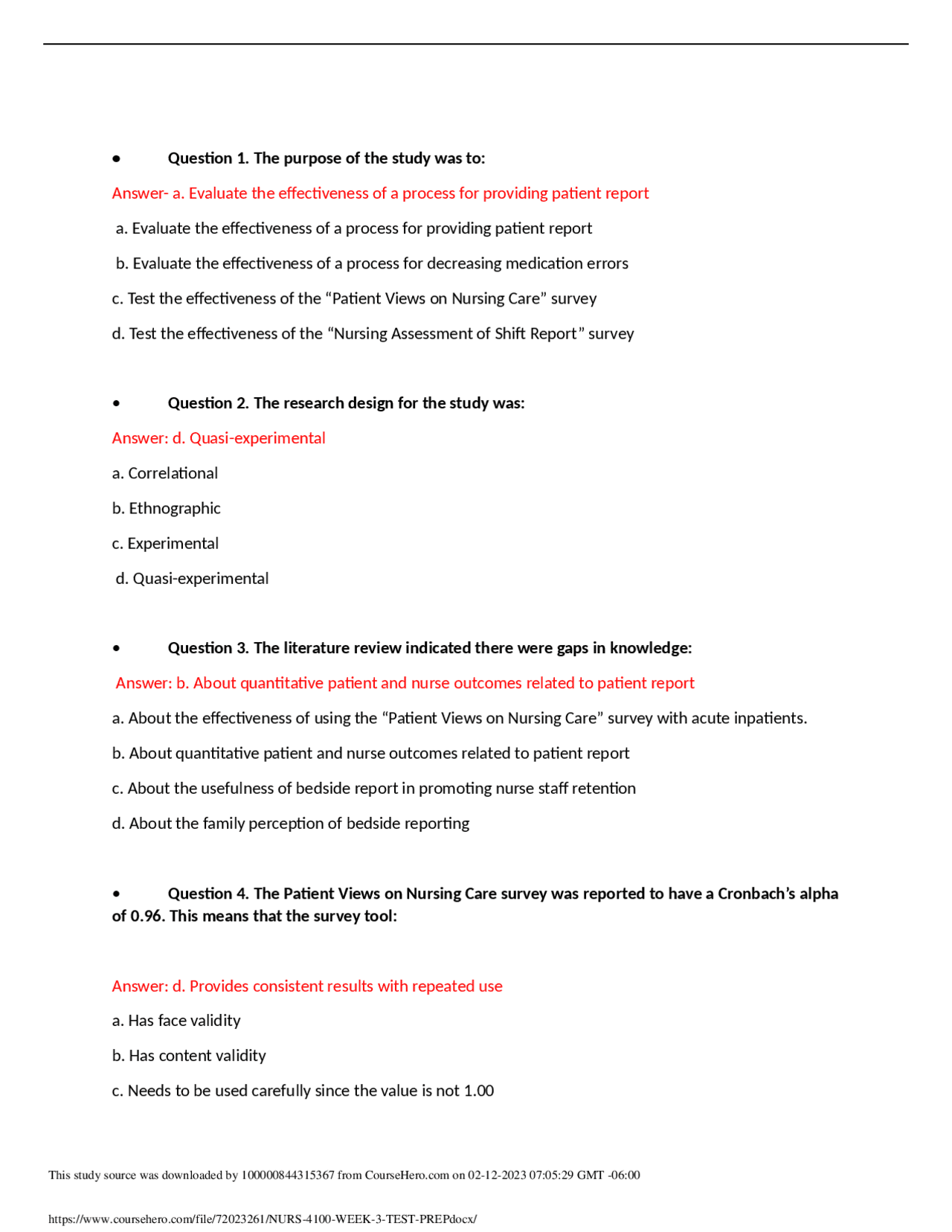 NURS 4100 WEEK 3 TEST PREP | Exams Nursing | Docsity