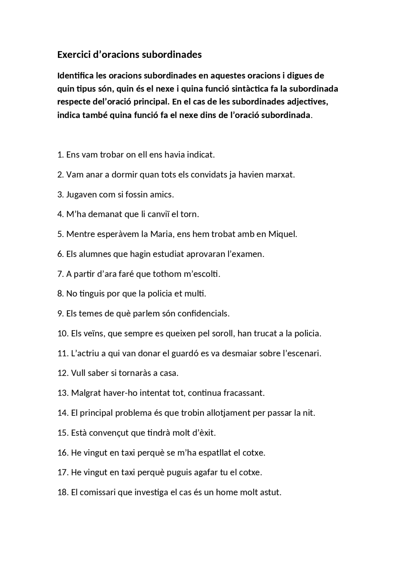 Exercicisdoracionssubordinades Ejercicios De Catalán Docsity