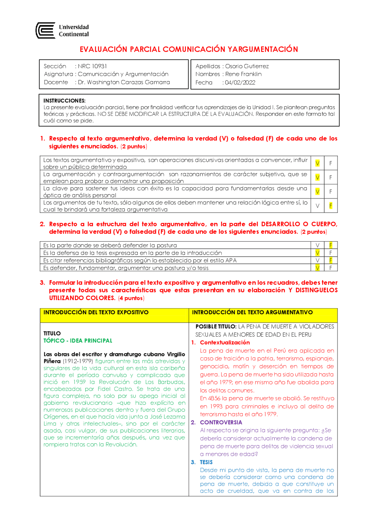 Examen De Comunicación Y Argumentación Exámenes De Comunicación Docsity