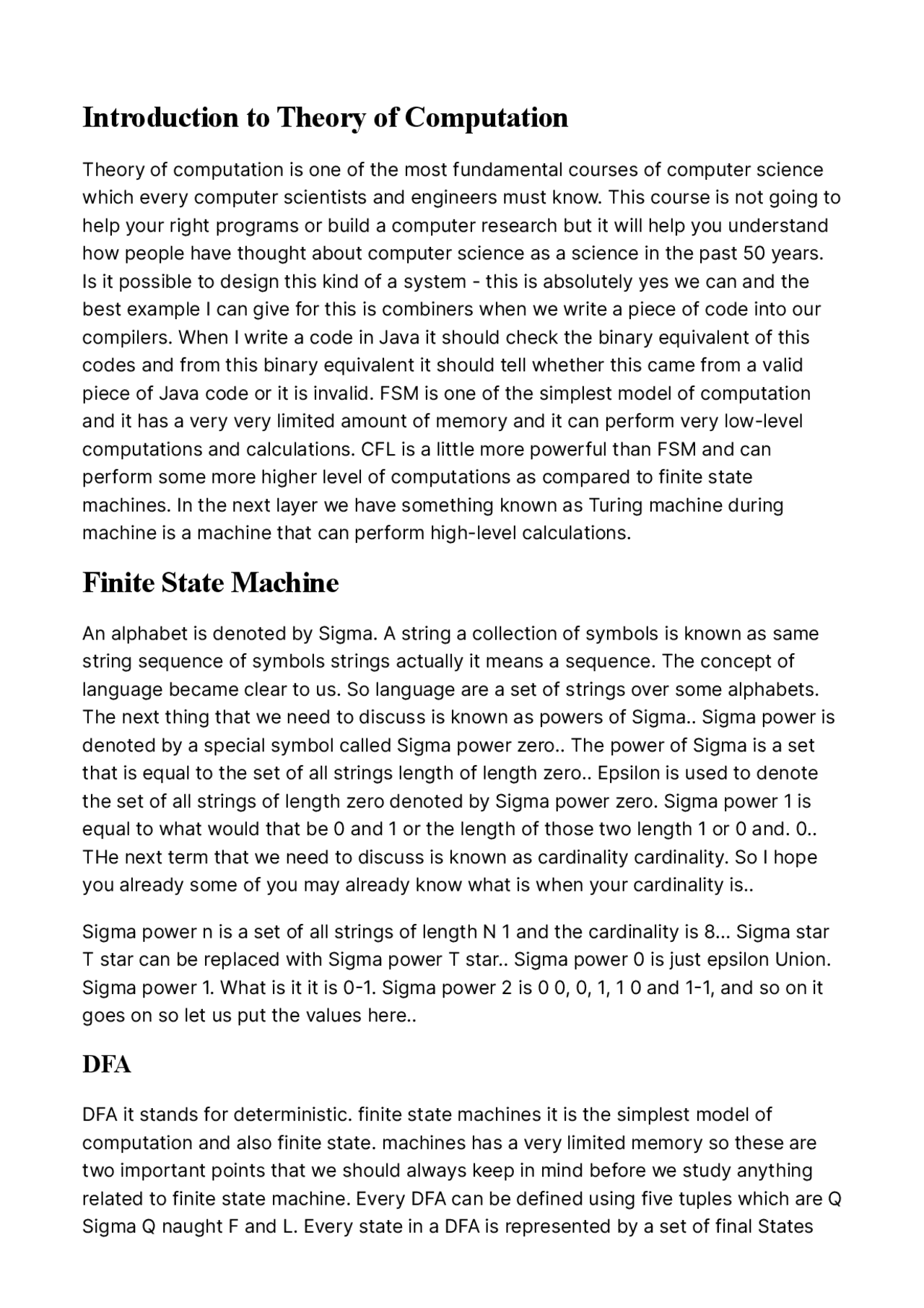 Brief Into To Theory Of Computation Summaries Theory Of Computation