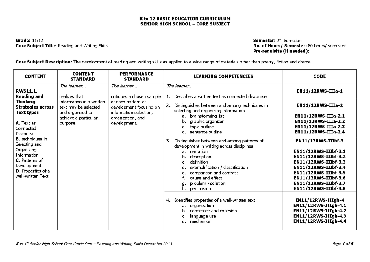 K to 12 Senior High School Core Curriculum - Reading and Writing Skills ...