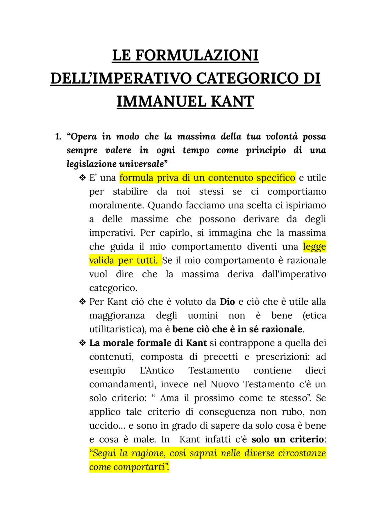 LE FORMULAZIONI DELL’IMPERATIVO CATEGORICO DI IMMANUEL KANT | Schemi e mappe concettuali di ...