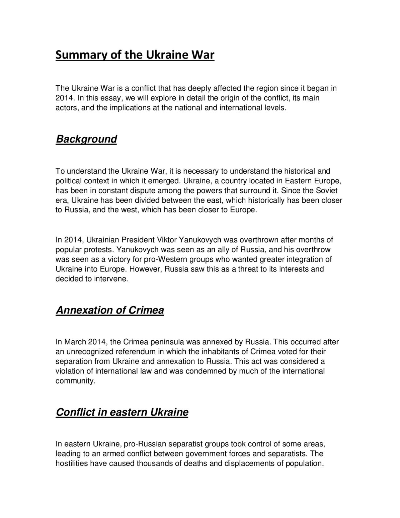 Summary of the ukraine war | Resúmenes de Historia | Docsity