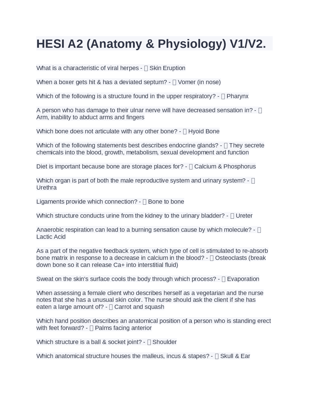 HESI A2 (Anatomy & Physiology) V1/V2 | Exams Anatomy | Docsity