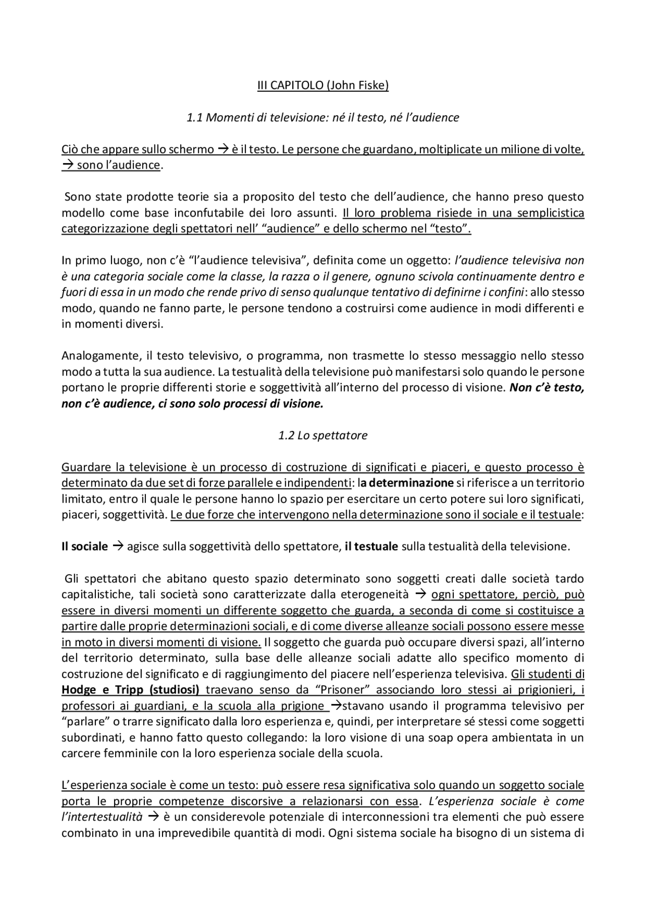 Saggio di John fiske | Schemi e mappe concettuali di Sociologia | Docsity