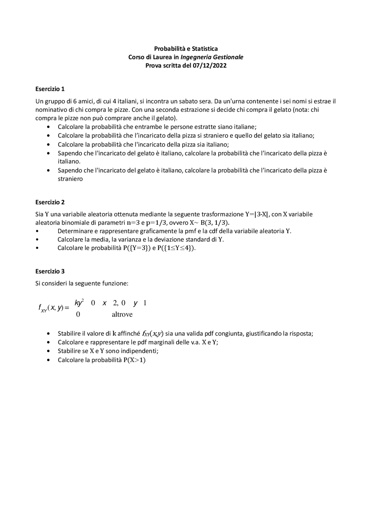 Prova esercizio per esame vito pascazio | Prove d'esame di Probabilità e Statistica | Docsity