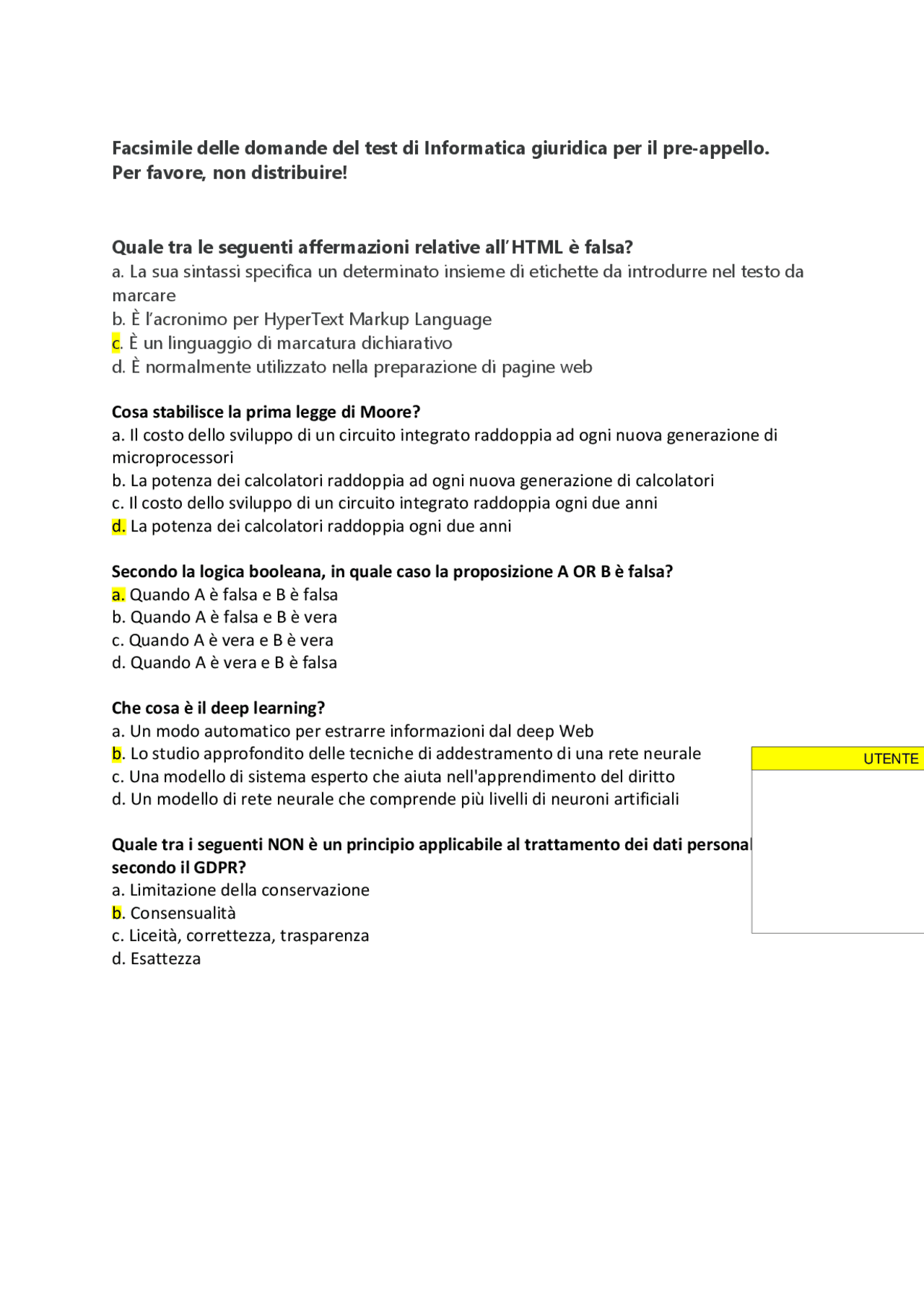 Prova d'esame anno 2022/2023 | Prove d'esame di Informatica Giuridica | Docsity