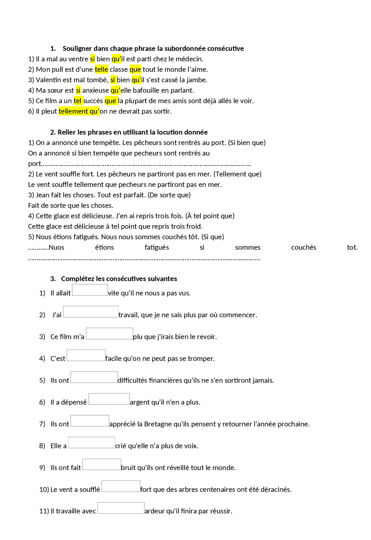 Esercizi Sulle Subordinate Consecutive Esercizi Di Francese Docsity