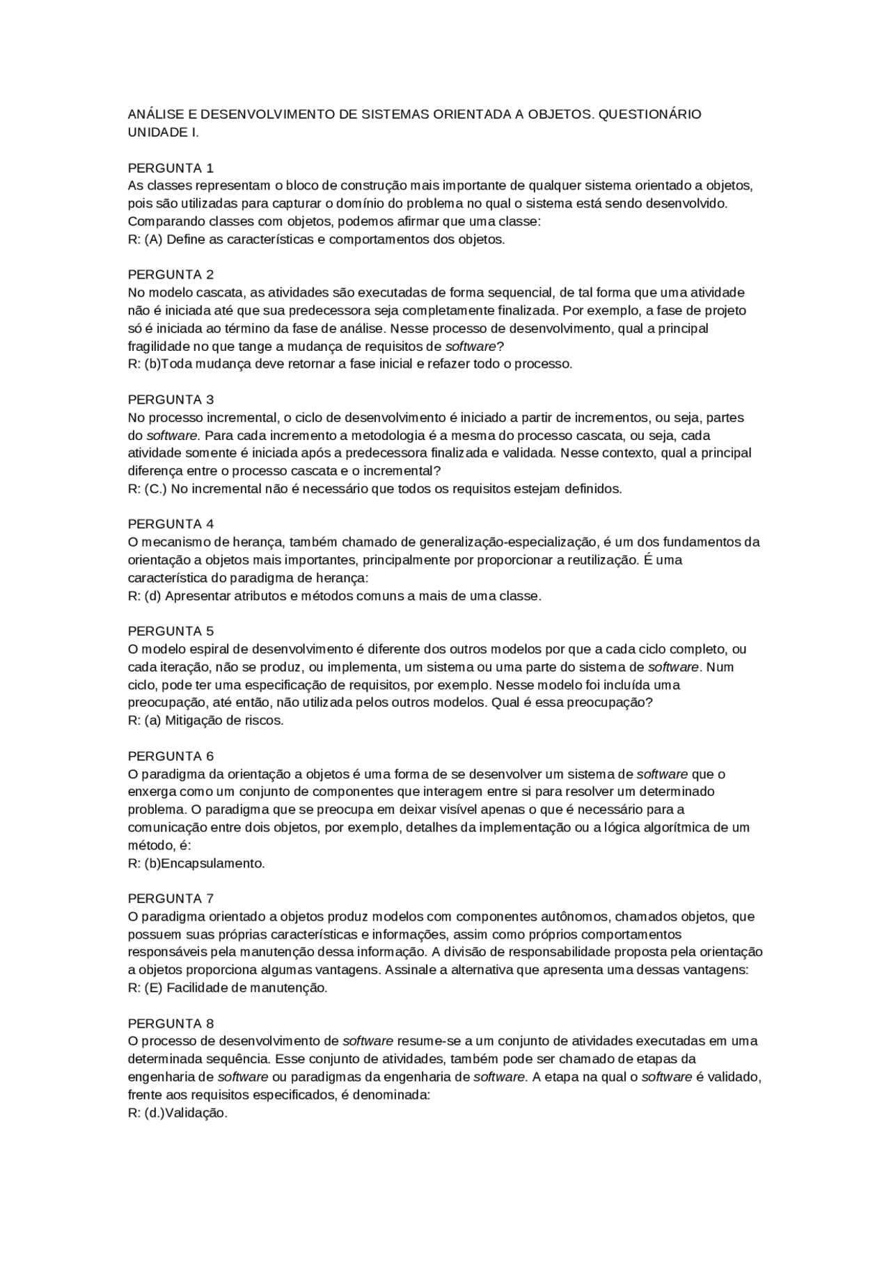 AnÁlise E Desenvolvimento De Sistemas Orientada A Objetos QuestionÁrio