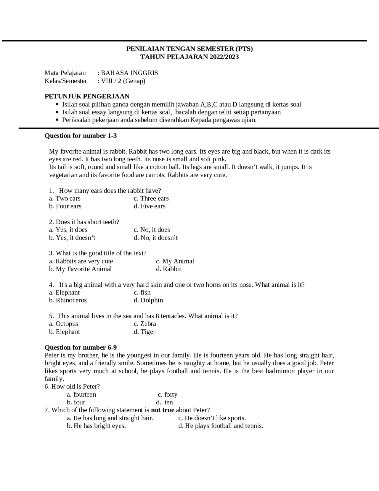 Mid Semester Excercise Junior High School Grade 7th Exams English