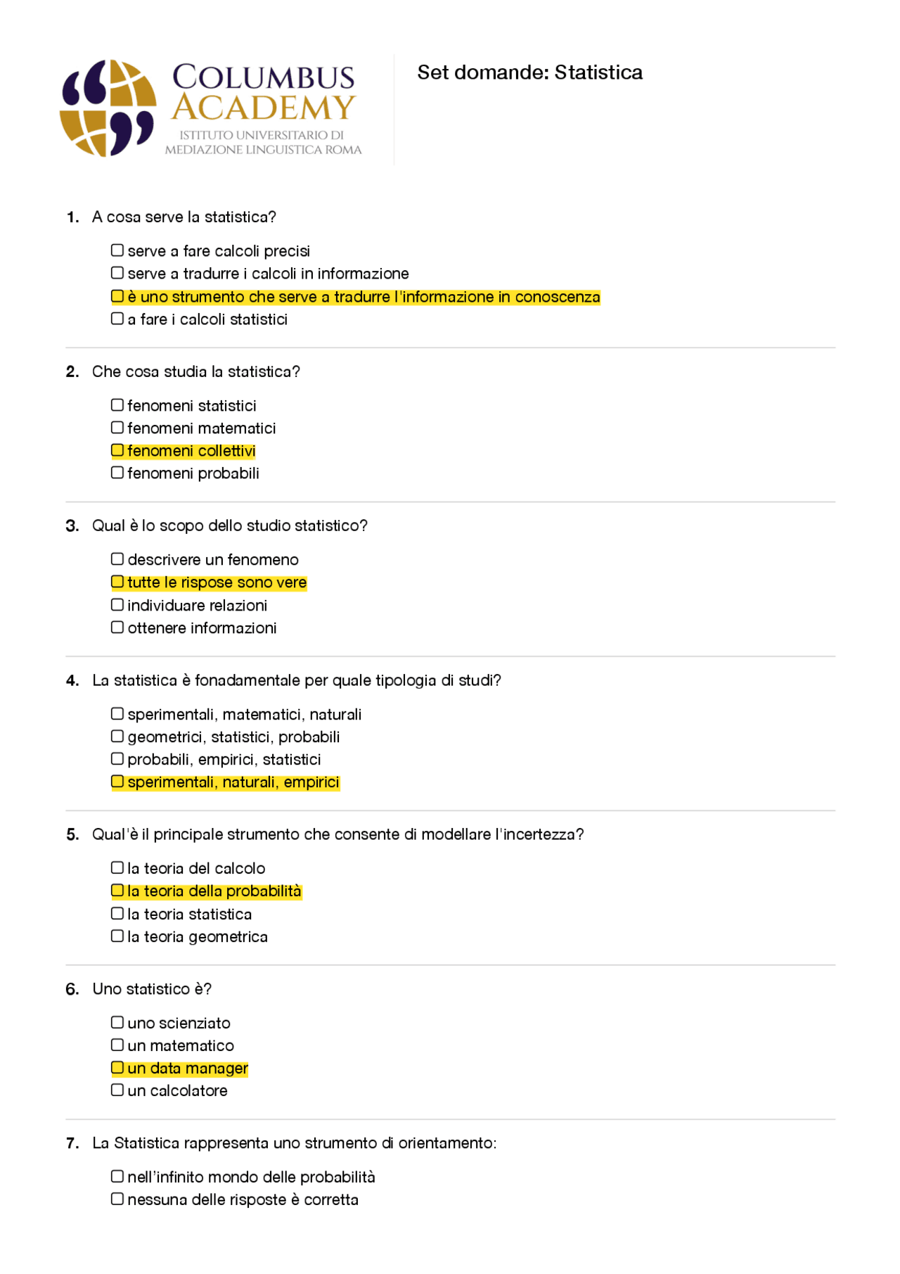 Paniere Statistica Columbus Academy Panieri Di Statistica Docsity